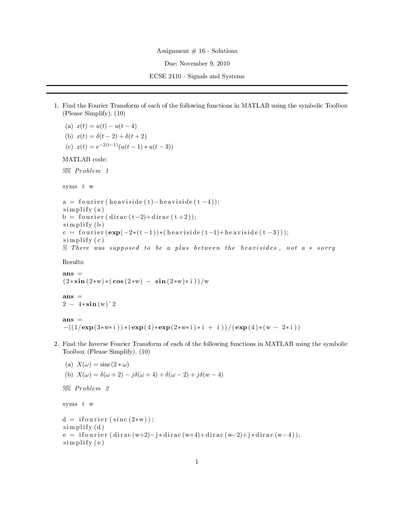 Resolutions To Assignment 16 Signals And Systems Ecse 2410 Docsity
