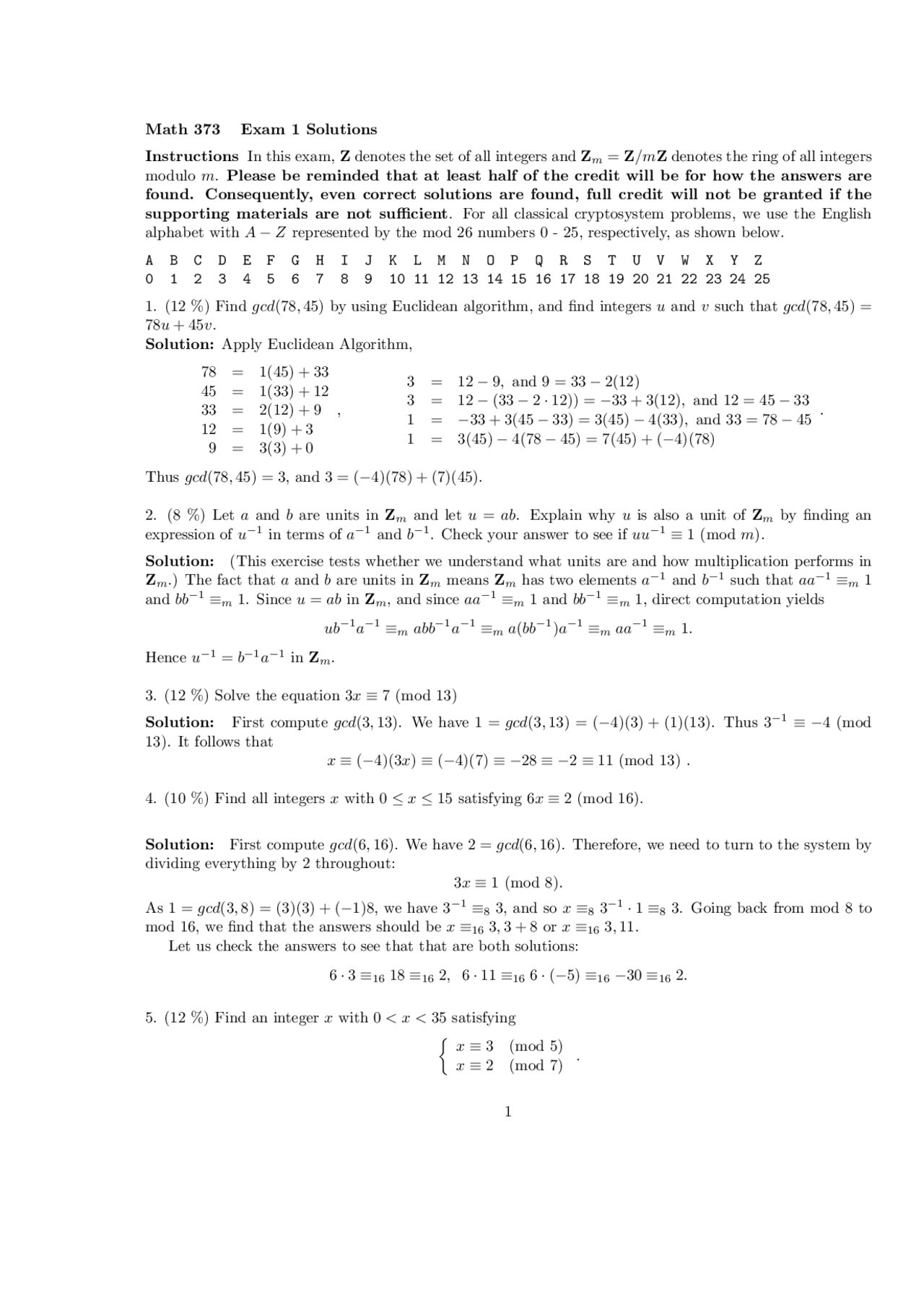 9 Questions With Solutions Of Introduction To Cryptography Exam 1 Math 373 Docsity