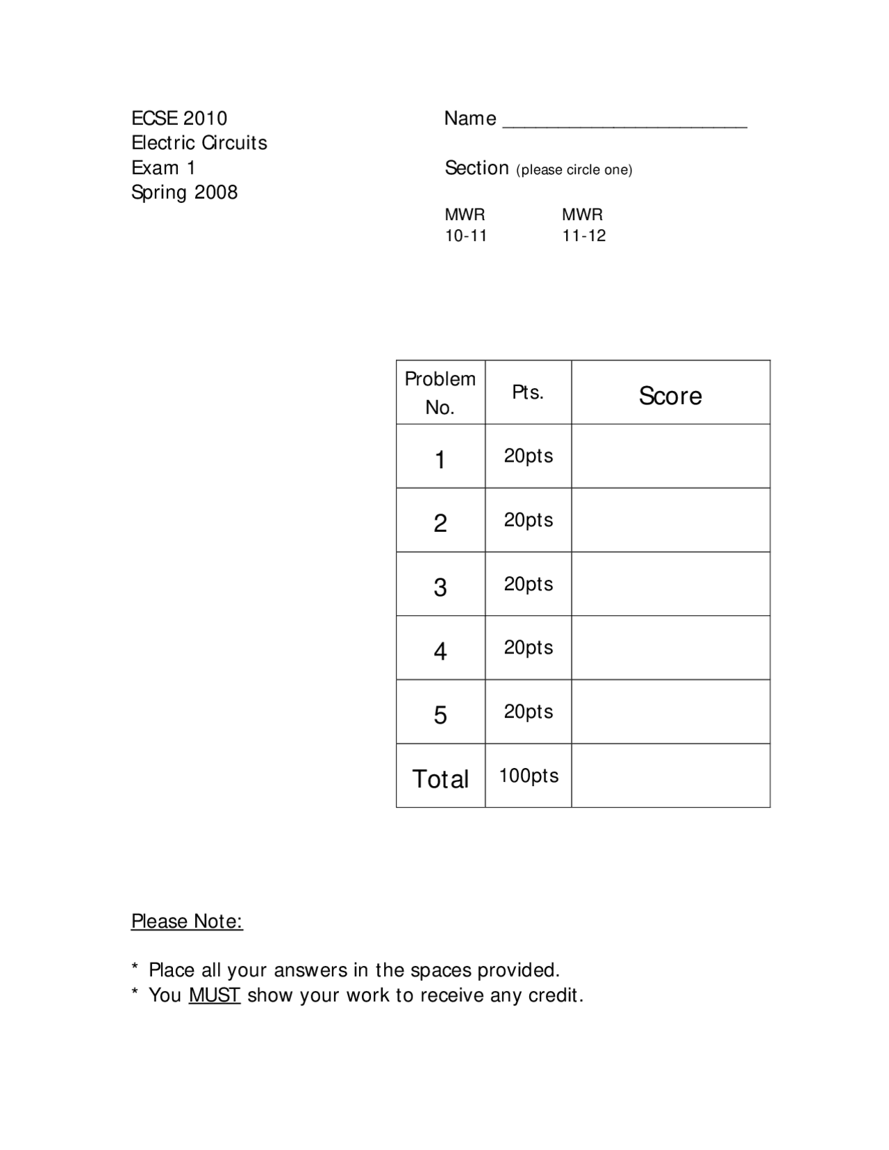 Exam 1 Sample Problems Electric Circuits Spring 2008 Ecse 2010