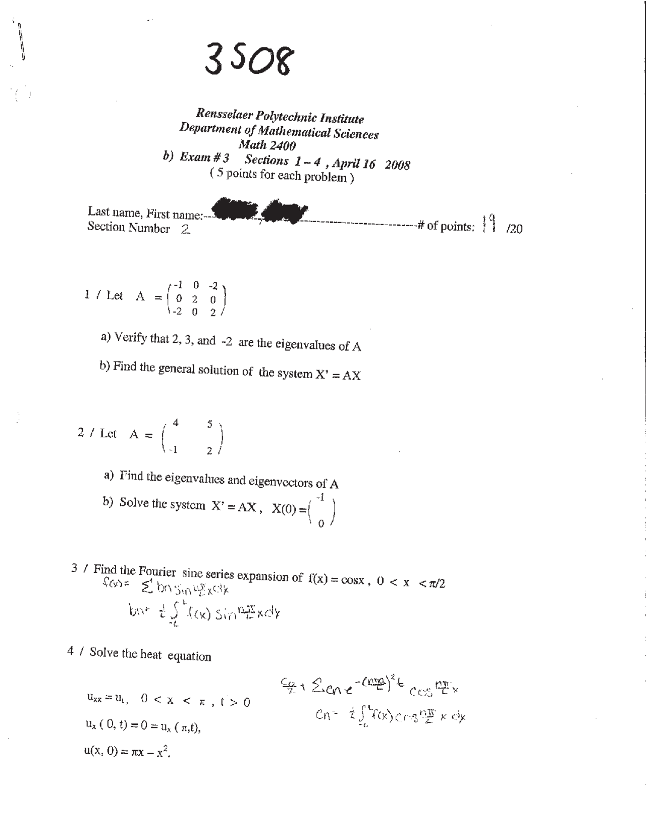 4 Solved Questions for Exam 3 - Introduction to Differential Equations | MATH 2400 - Docsity