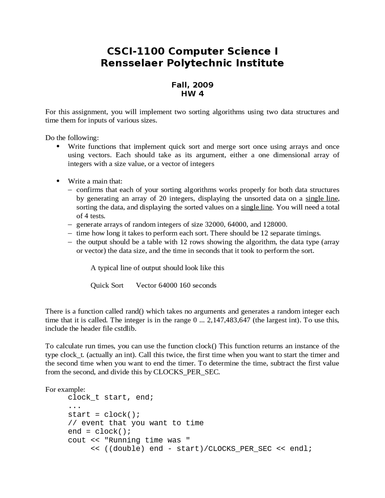 Homework 4 for Sorting Algorithms - Computer Science I | CSCI 1100 - Docsity