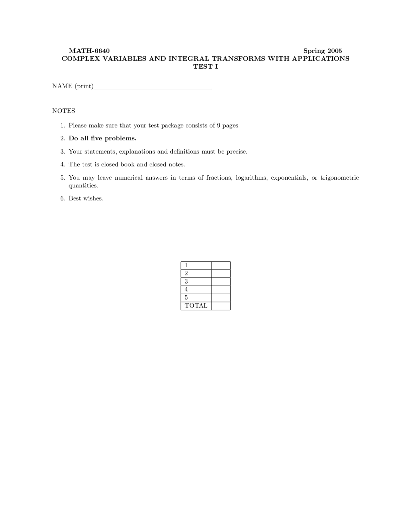 Test 1 With Answers Complex Variable And Integral Transforms Math