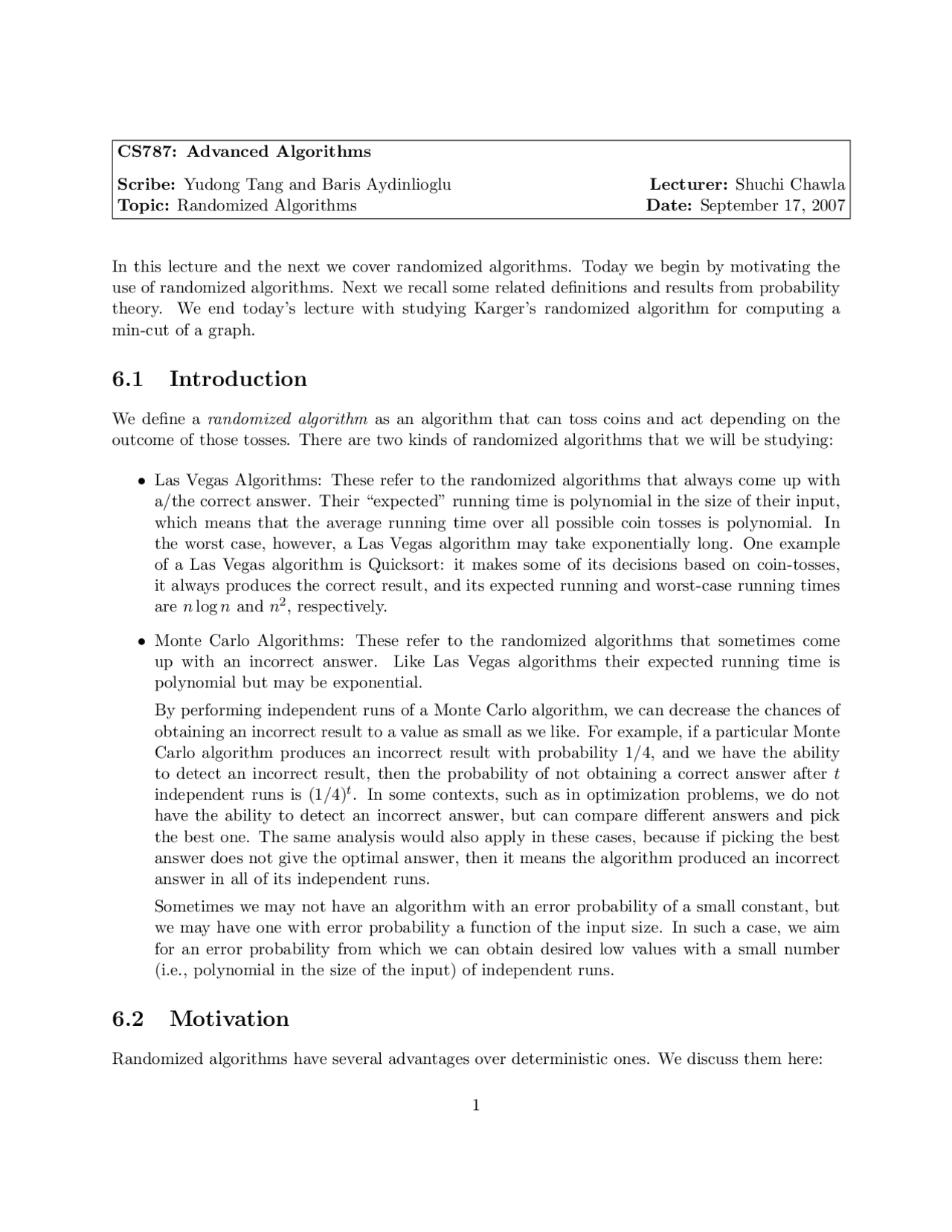 Randomized Algorithms Advanced Algorithms Lecture 06 Notes Computer