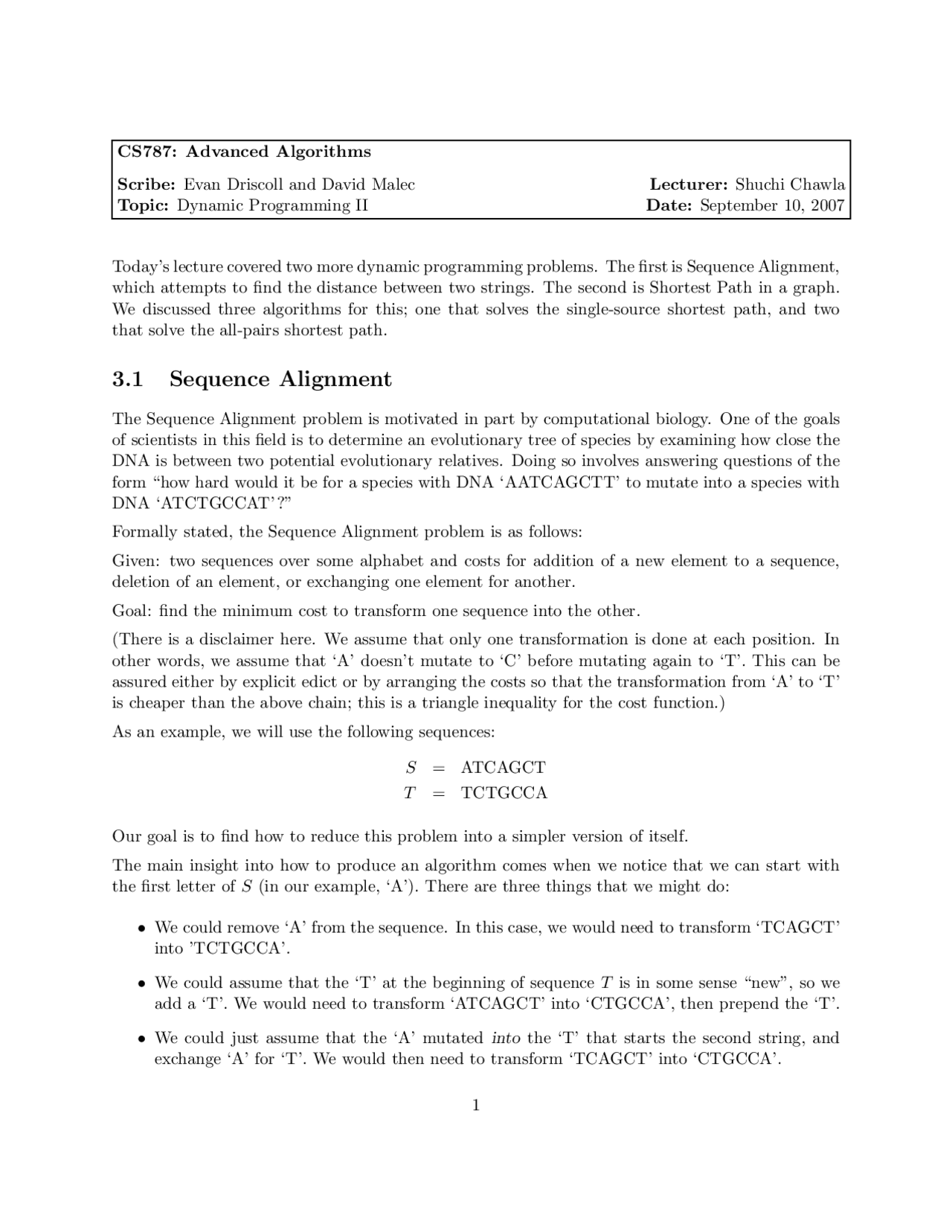 Dynamic Programming Advanced Algorithms Lecture 03 Notes Computer Science Docsity