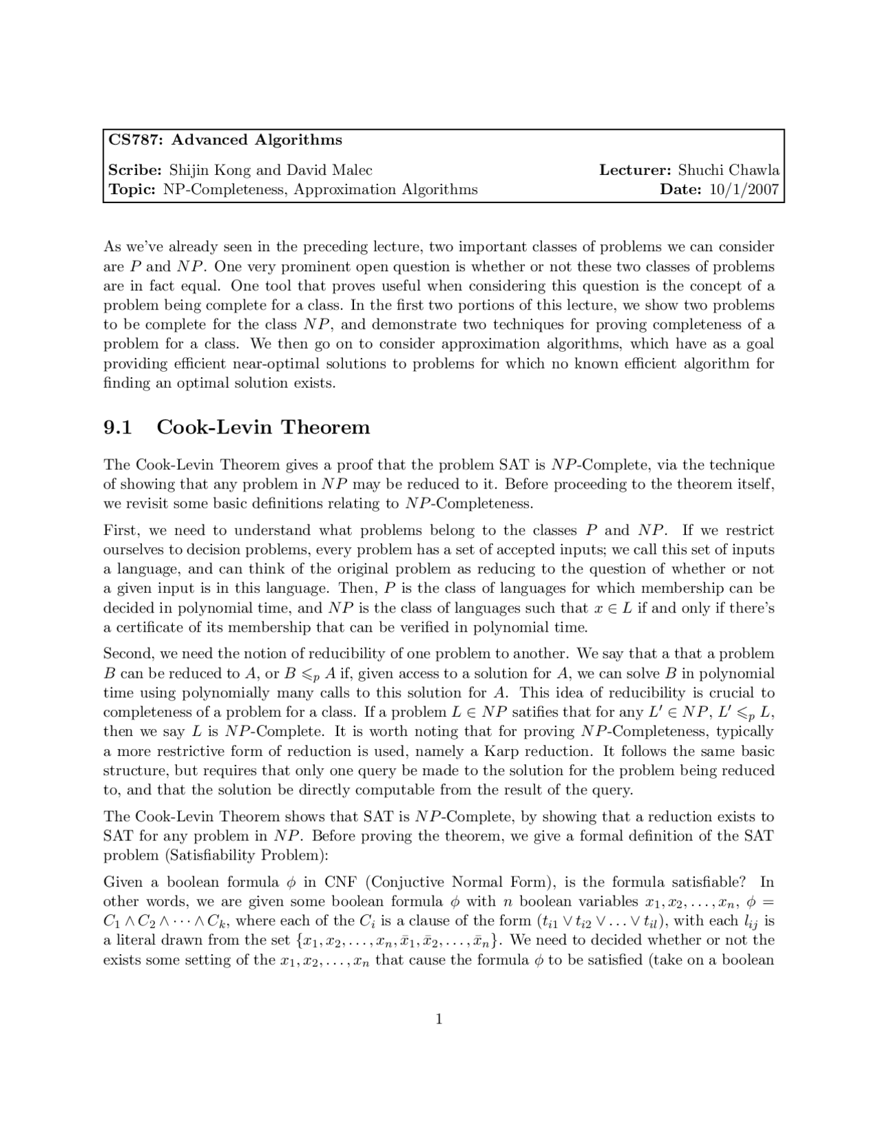 Np Completeness Advanced Algorithms Lecture 09 Notes Computer Science