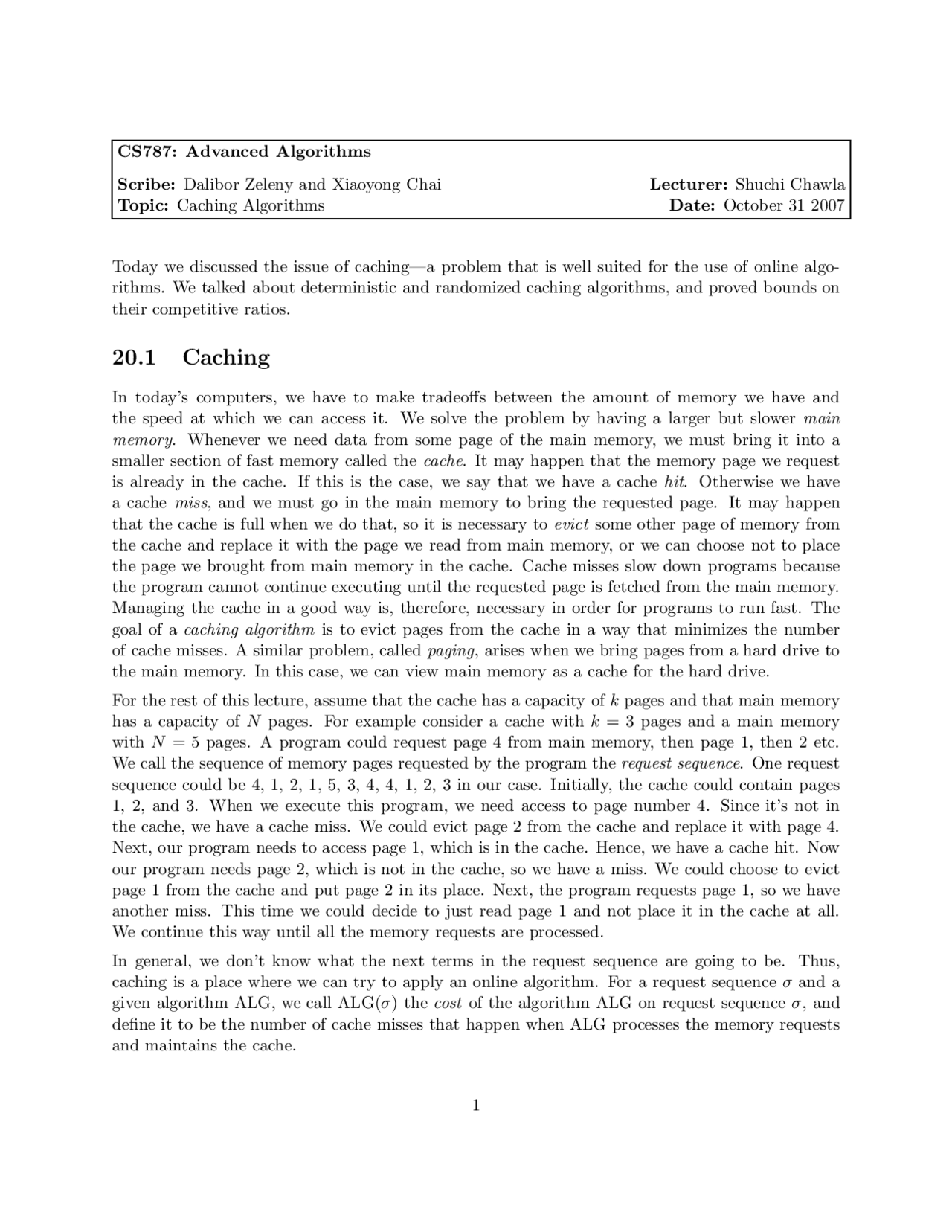 Caching Algorithms-Advanced Algorithms-Lecture 20 Notes-Computer ...