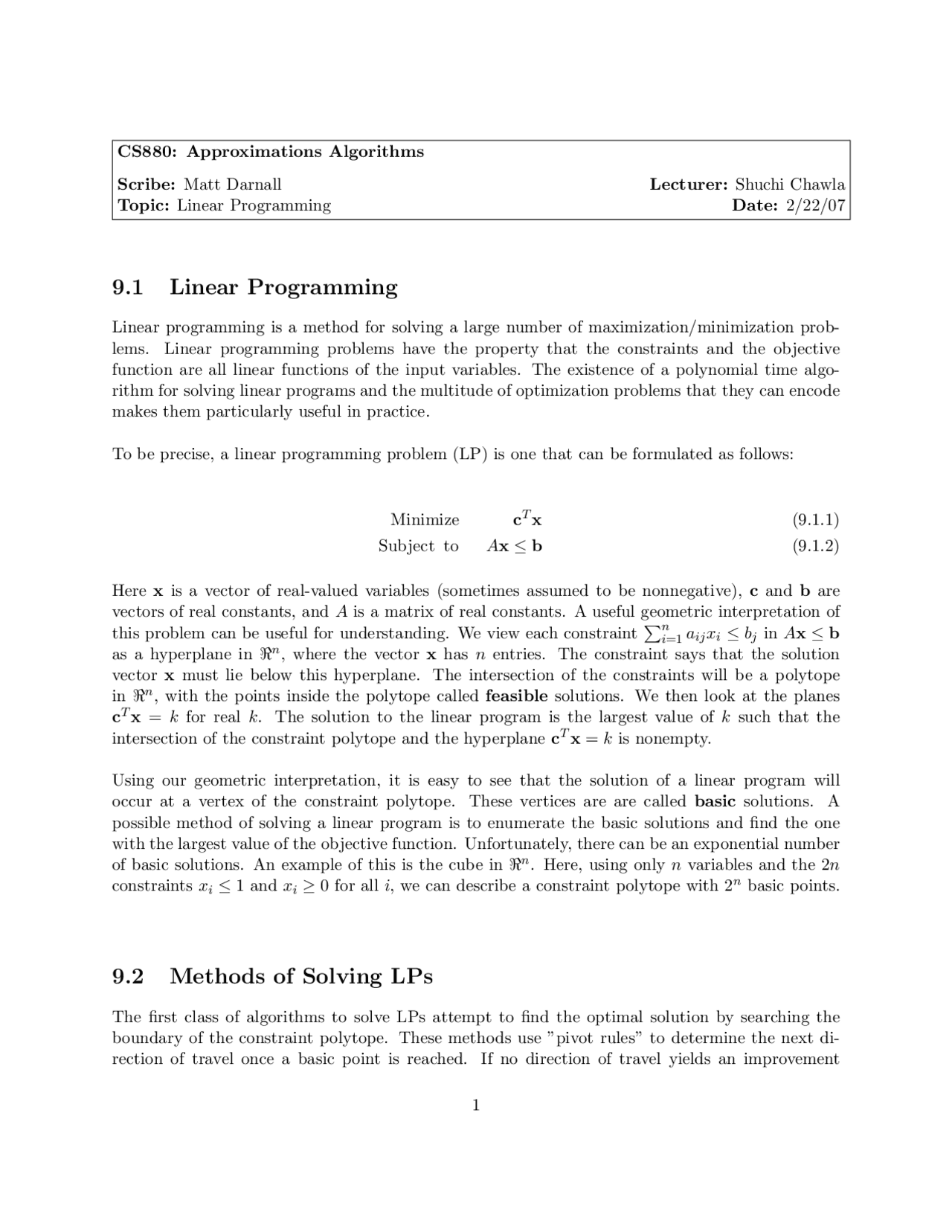 Linear Programming Approximations Algorithms Lecture 09 Notes Computer 5980