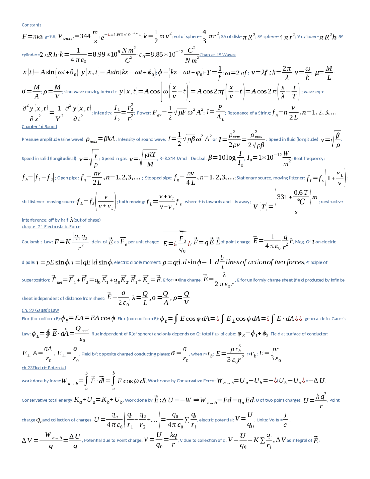 Foundations Of Physics I Formula Sheet Phys 2306 Docsity