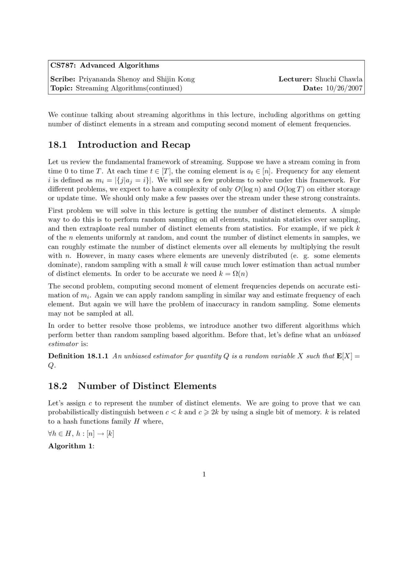 Streaming Algorithms Advanced Algorithms Lecture 18 Notes Computer 2848
