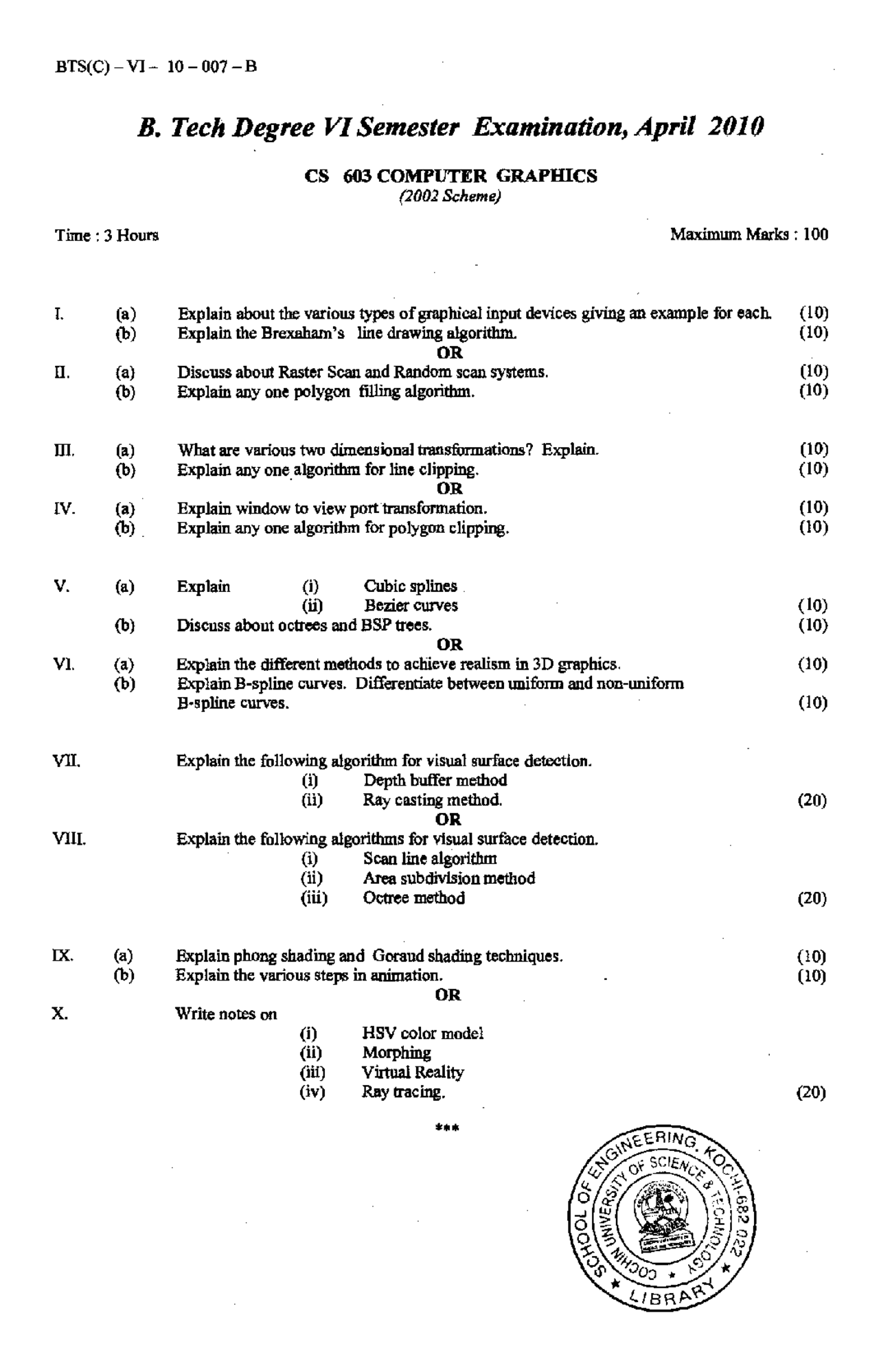 Computer Graphics Exam Paper April 2010 Computer Science 6th