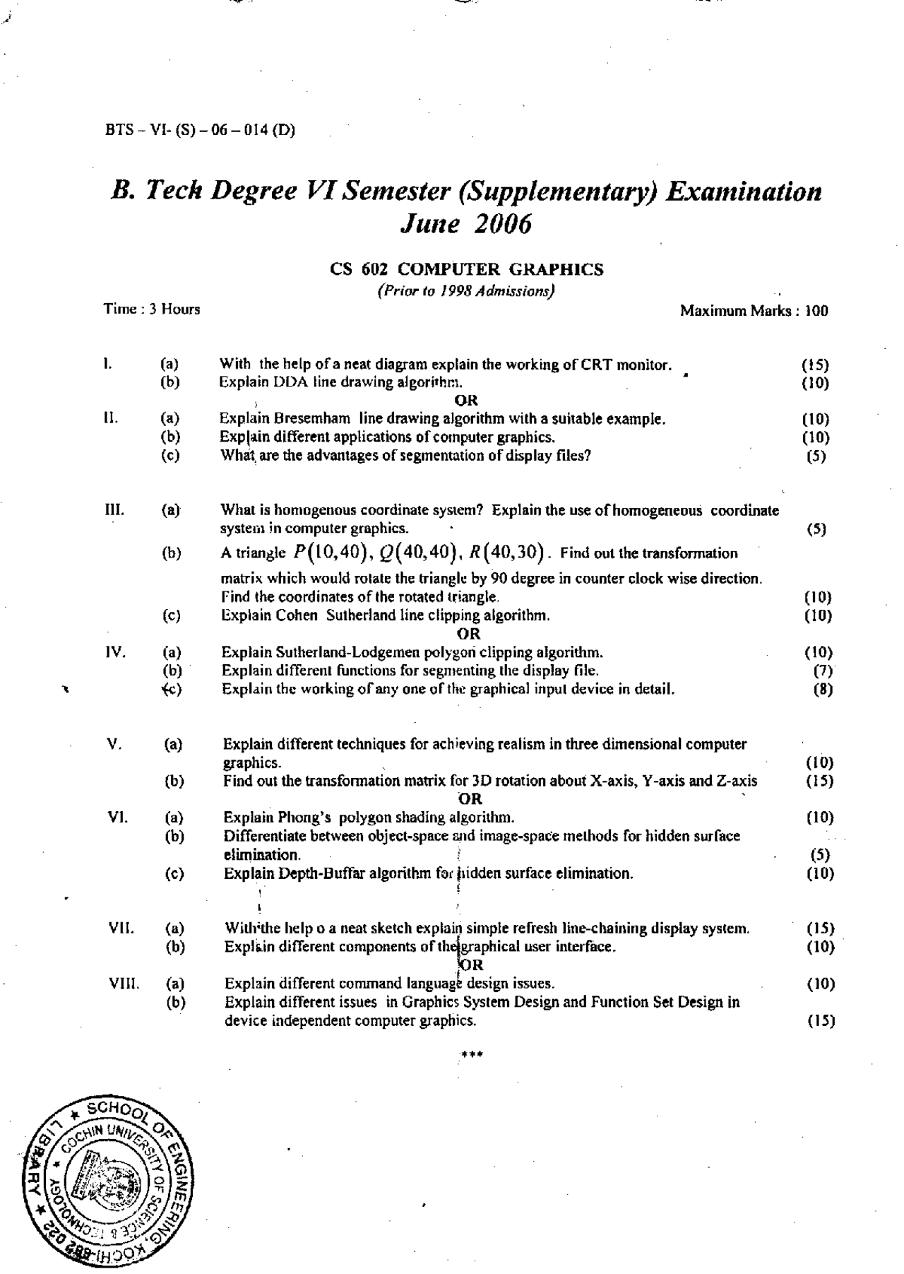 Computer Graphics Exam Paper June 2006 Computer Science 6th