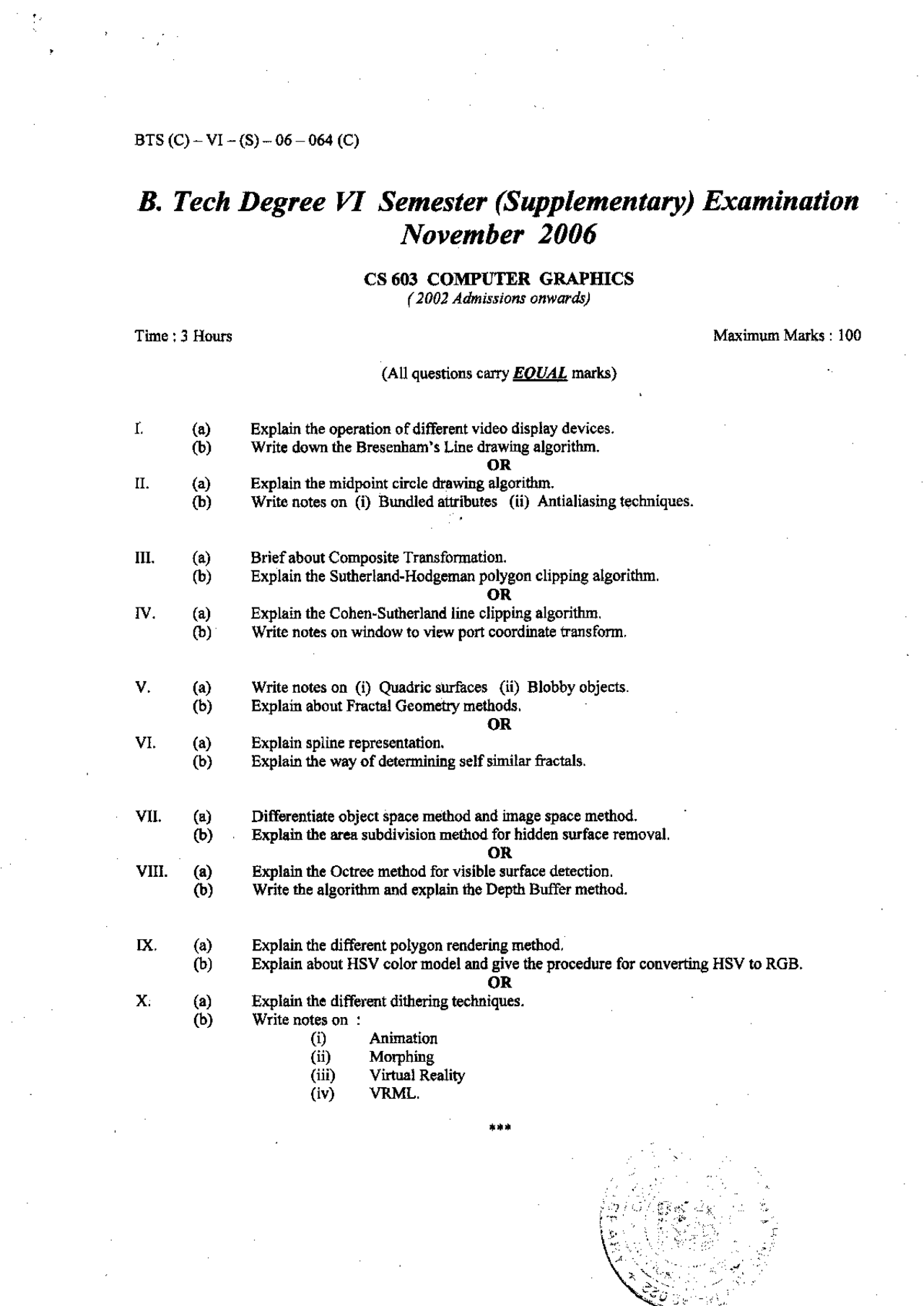 Computer Graphics Exam Paper November 2006 Computer Science 6th