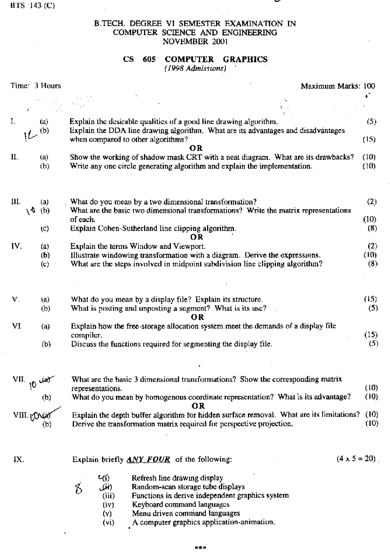 Computer Graphics Exam Paper November 2001 Computer Science 6th