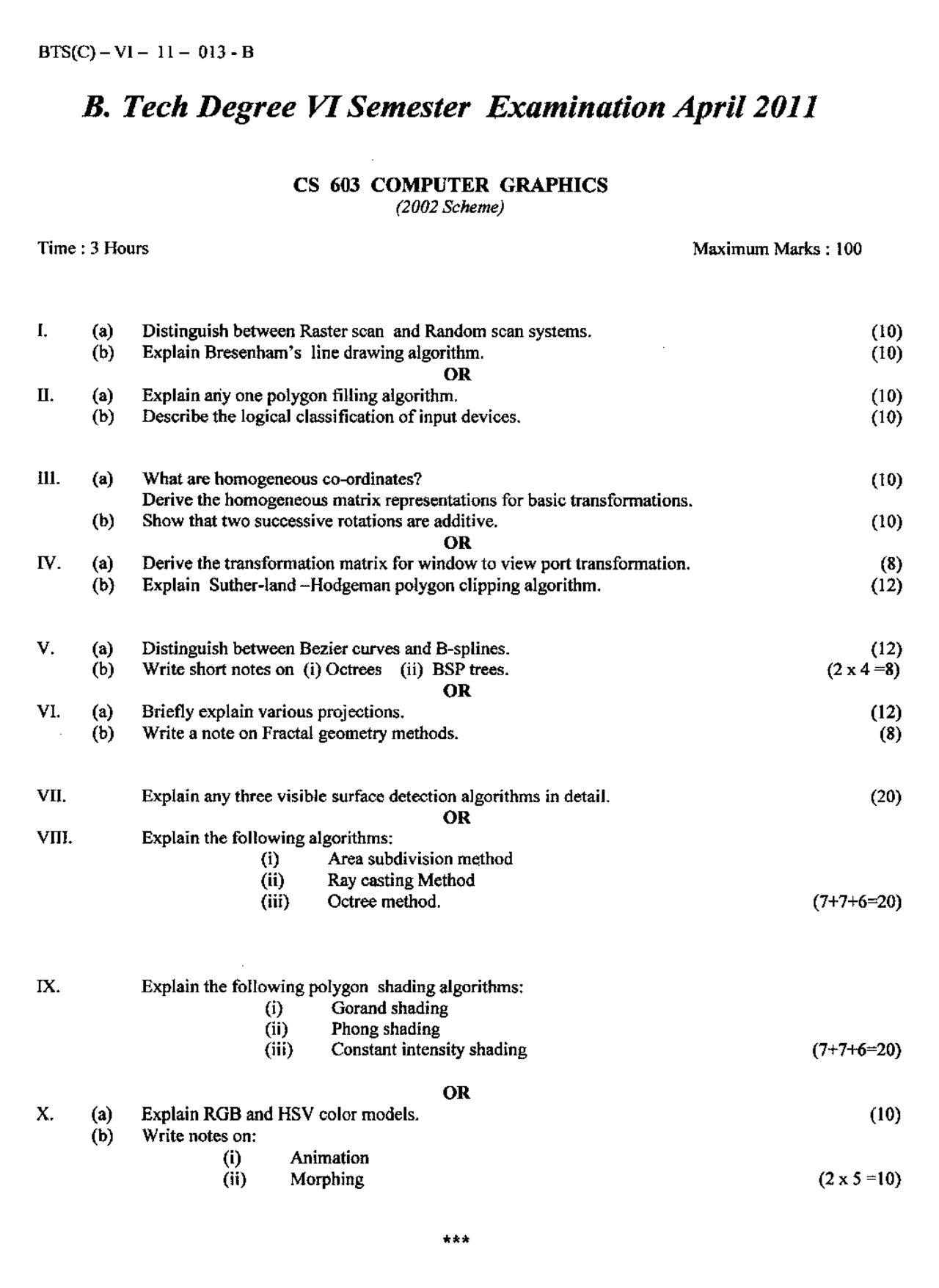 Computer Graphics Exam Paper April 2011 Computer Science 6th