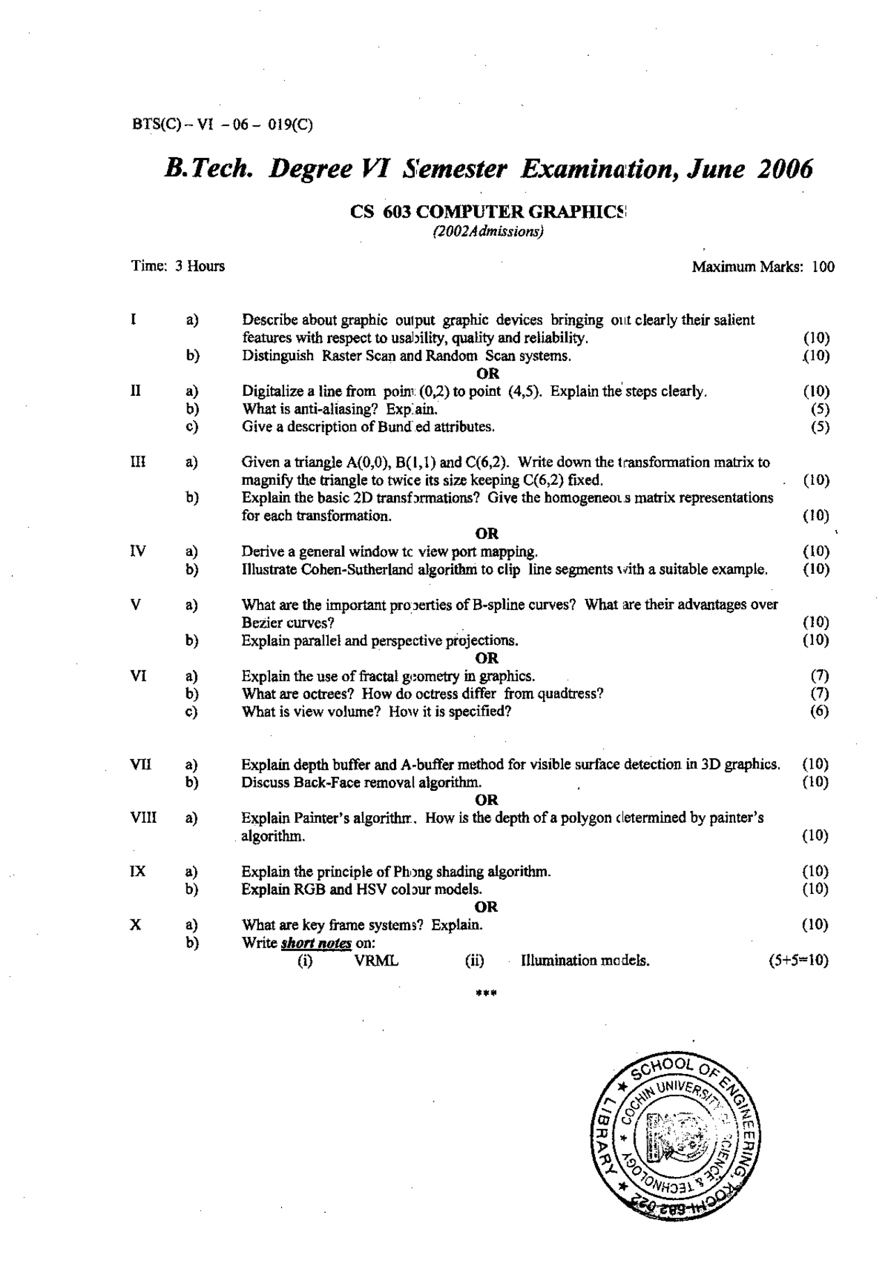Computer Graphics Exam Paper June 2006 Computer Science 6th