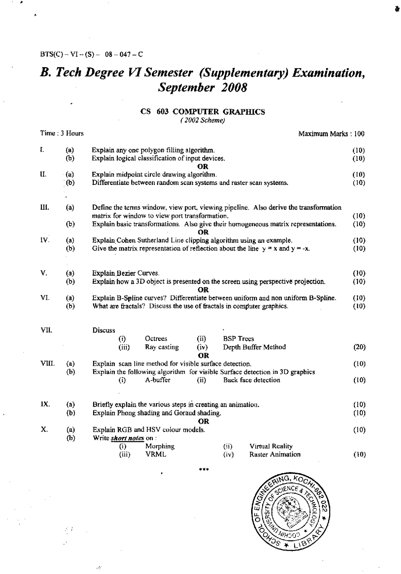 Computer Graphics Exam Paper September 2008 Computer Science 6th