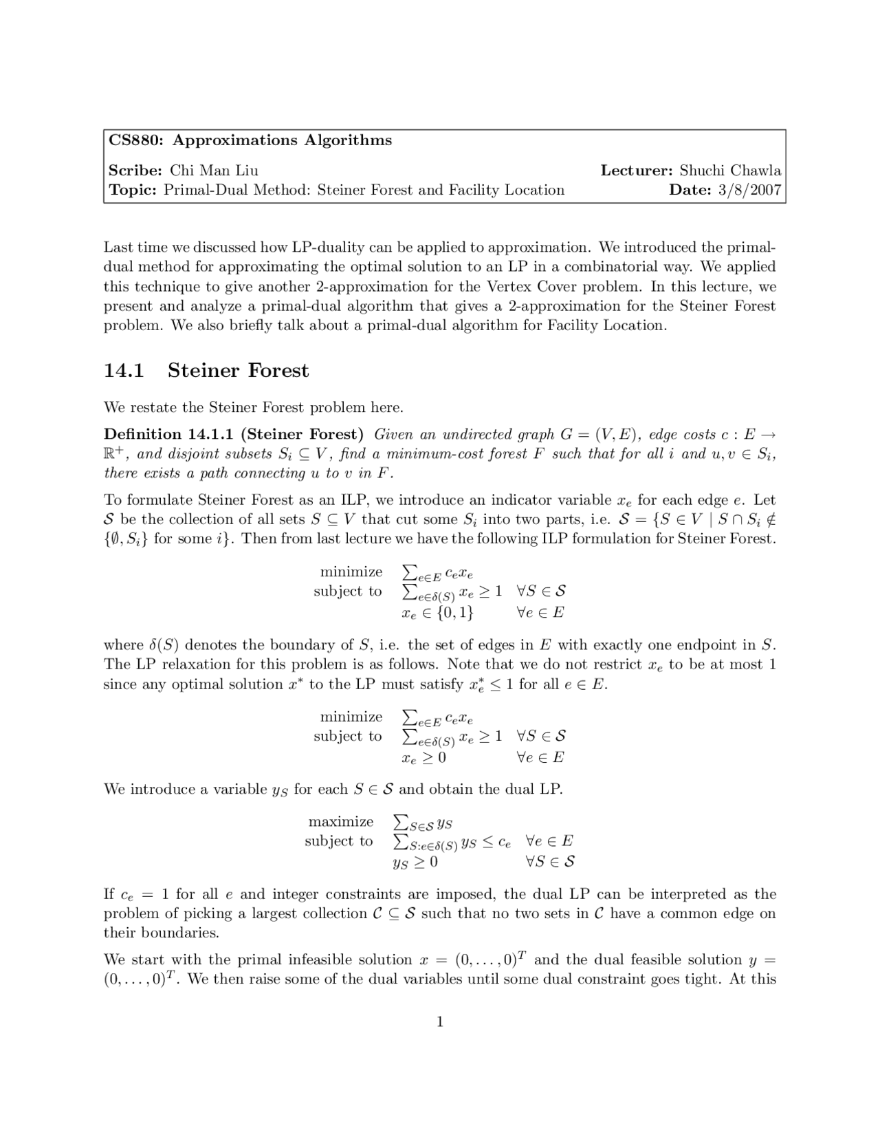 Primal Dual Method Approximations Algorithms Lecture 13 Notes Computer