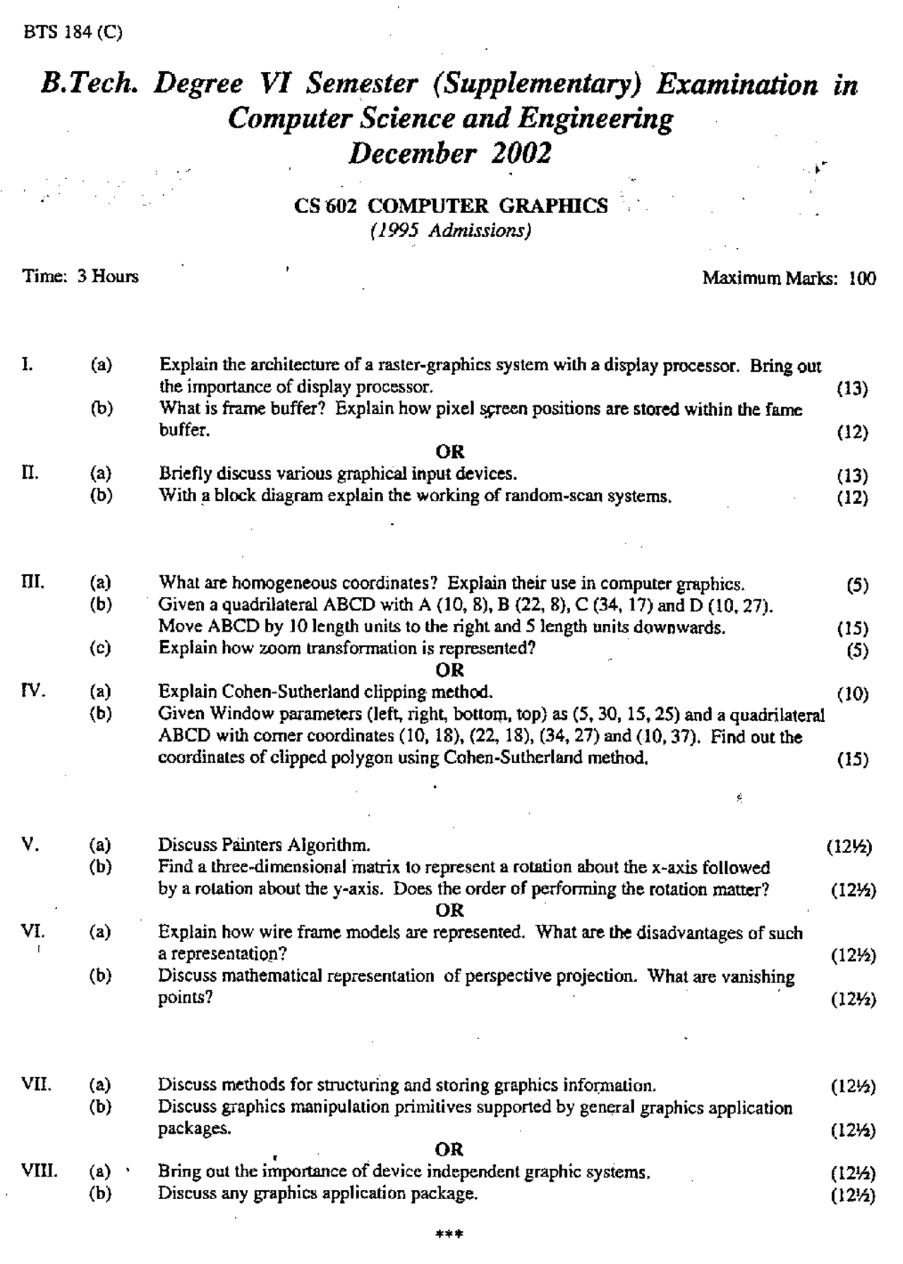 Computer Graphics Exam Paper Deecember 2002 Computer Science 6th