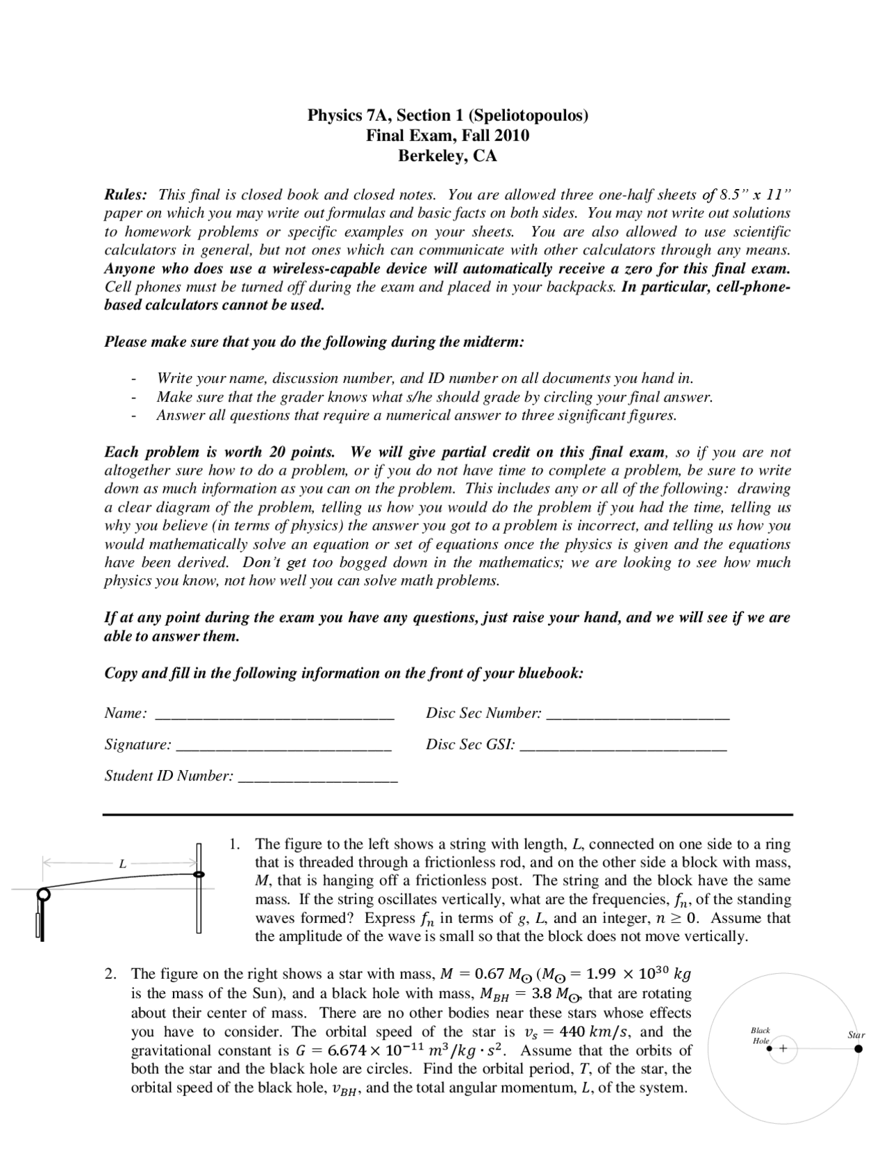 Final Exam Review Sheet for Physics for Scientists and Engineers | PHYSICS 7A - Docsity