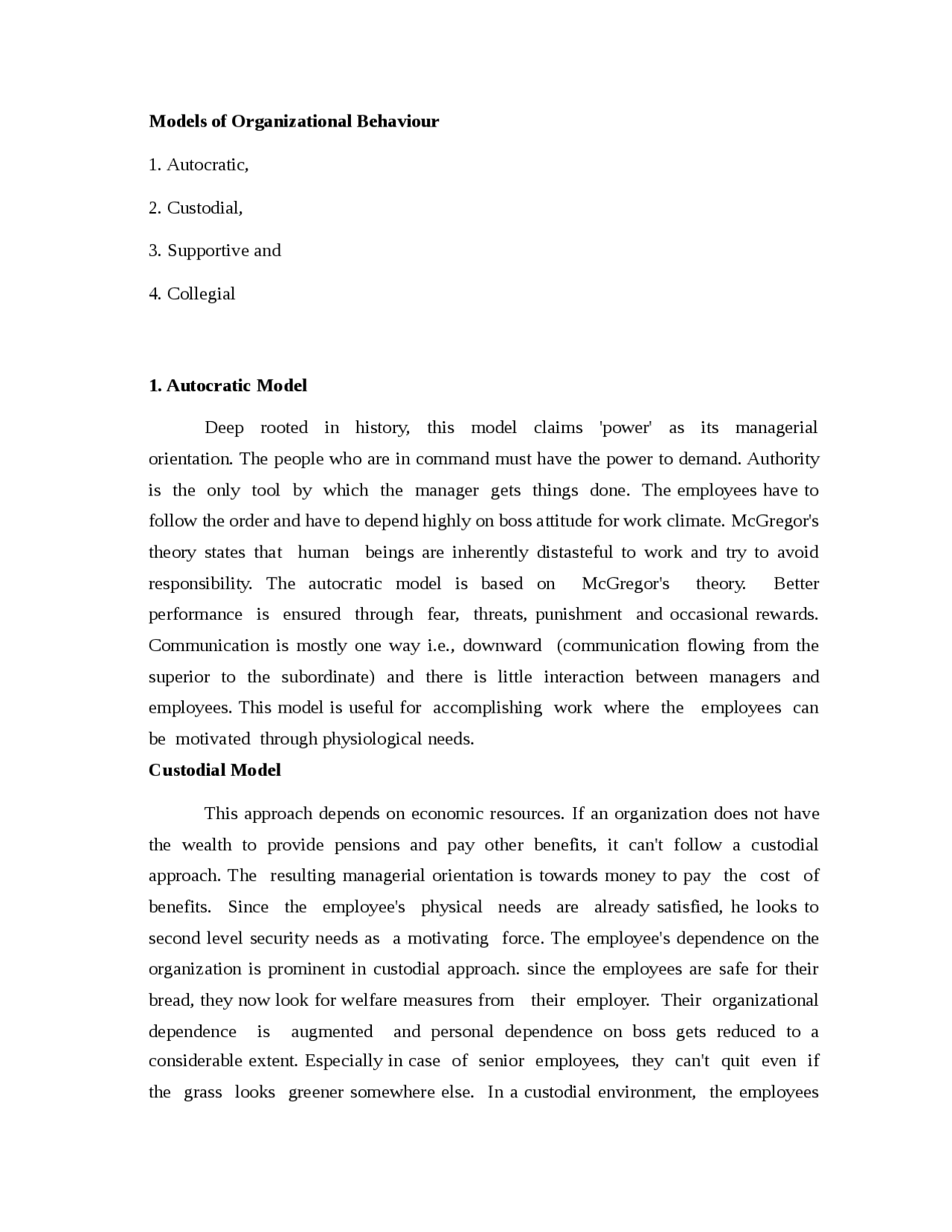 Models Of Organizational Behaviour Docsity