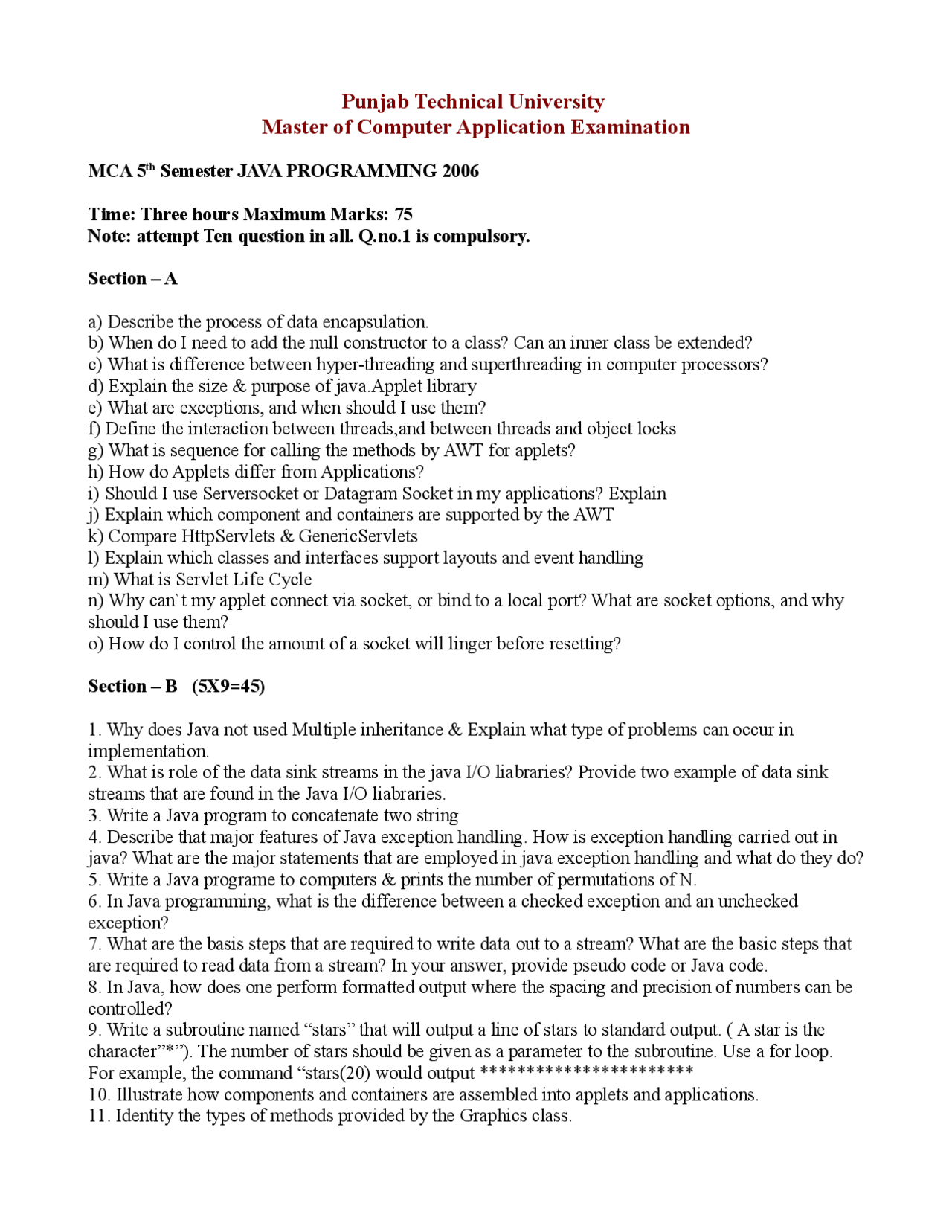 JAVA programming – Exam Paper 2006 - Computer Applications – 5th ...