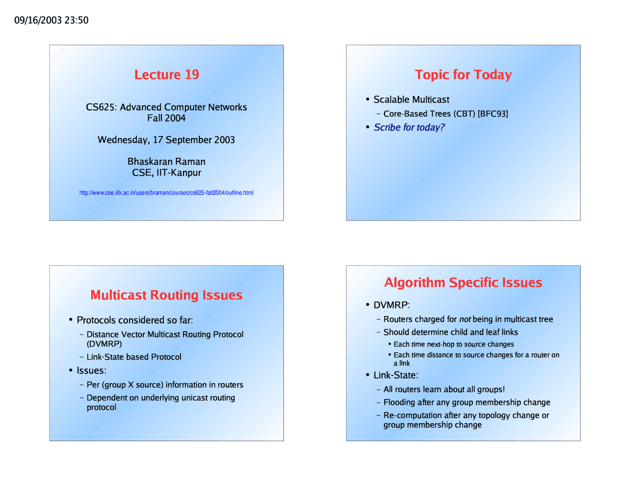 Scalable Multicast Advanced Computer Networks Lecture 19 Slides