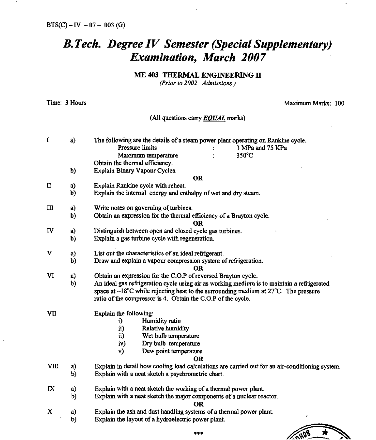 Thermal Engineering – Exam Paper March 2007- Mechanical Engineering ...