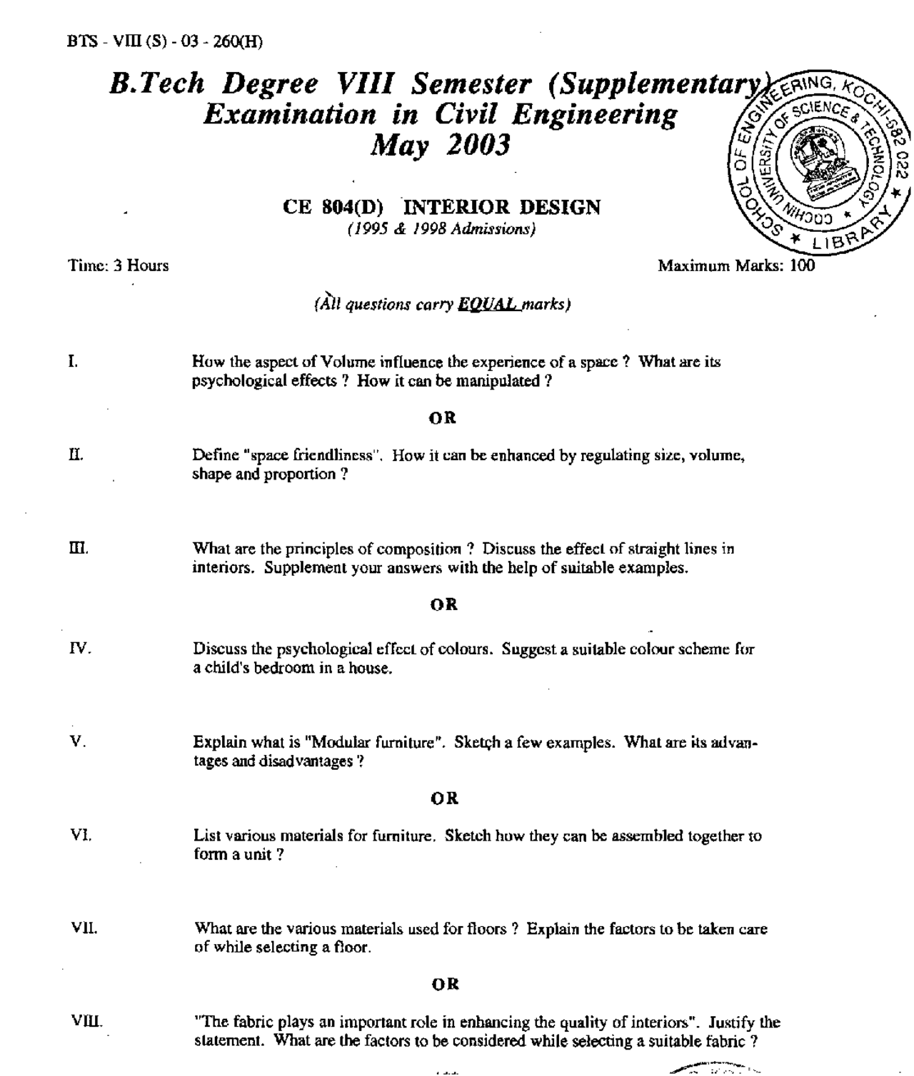 Interior Design – Exam Paper May 2003 – Civil engineering -8th Semester ...