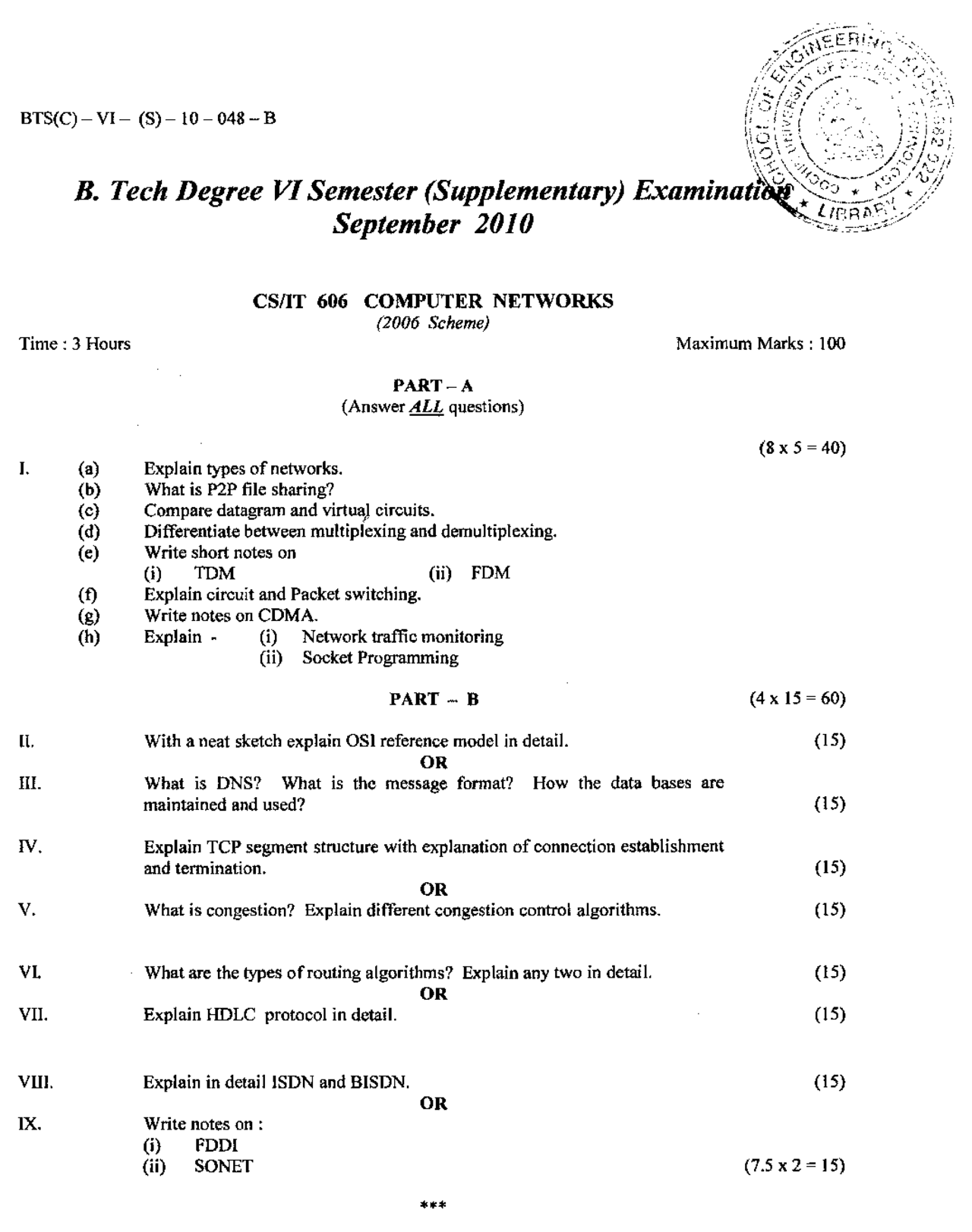 Cochin University B Tech Cse 6thsem Computer Networks Sample Paper