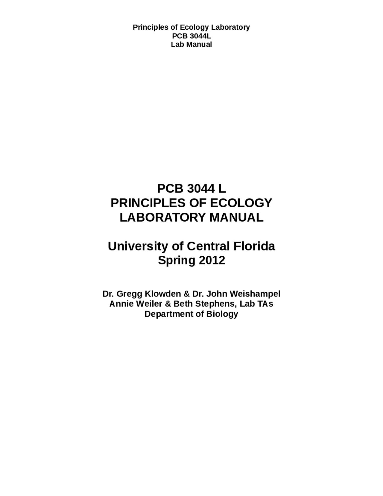 Principles Of Ecology Laboratory Laboratory Manual Lecture Notes