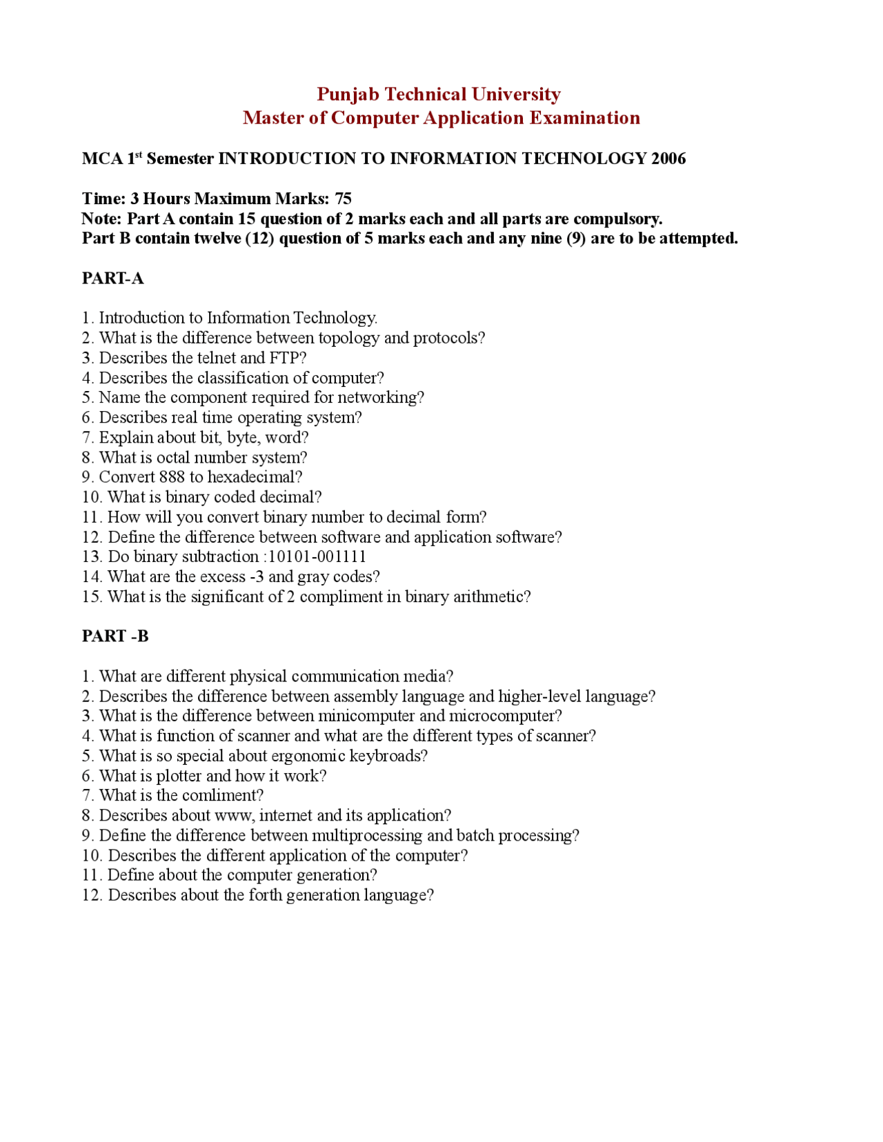 Introduction To Information Technology Exam Paper 2006 Computer