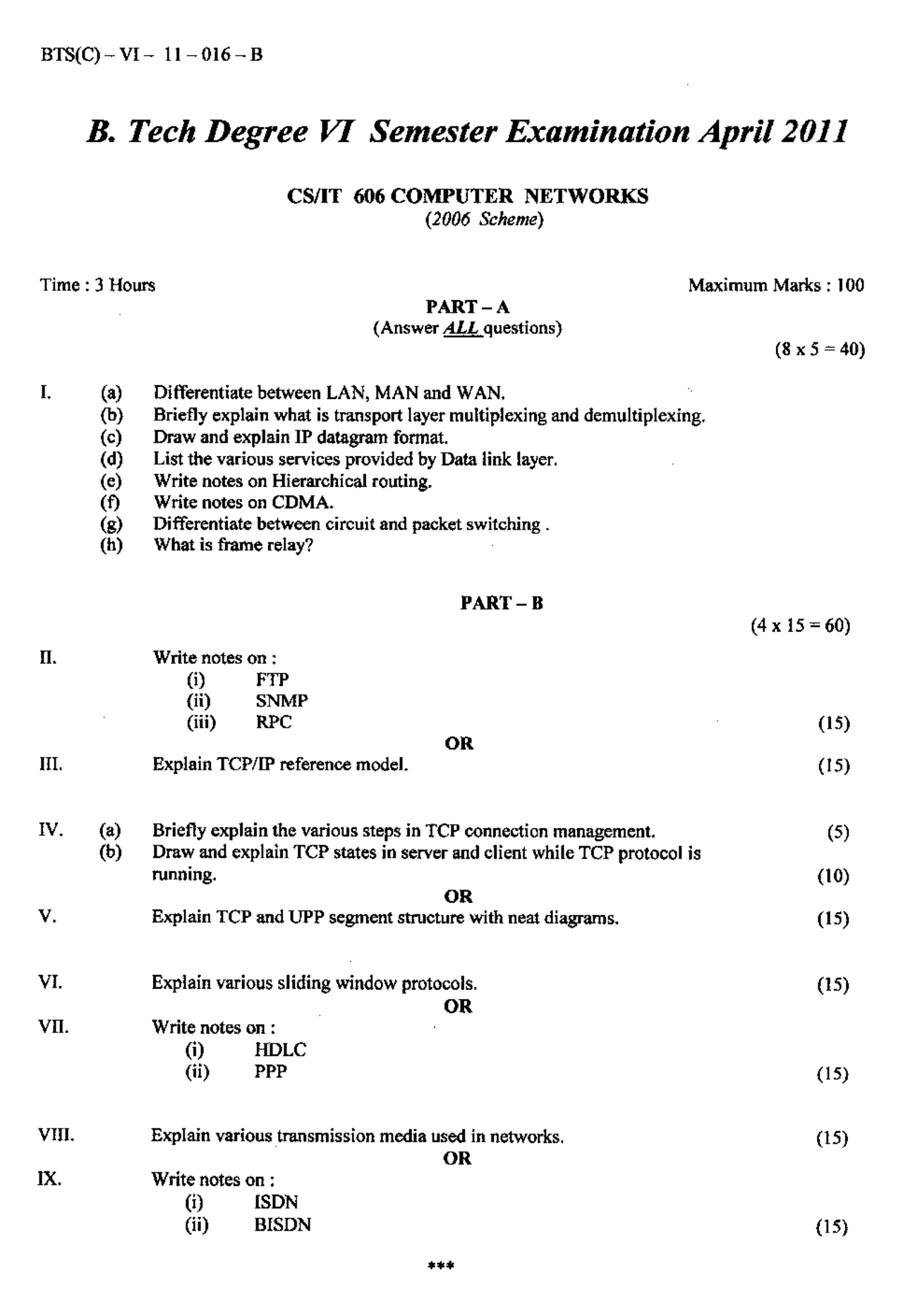Computer Networks - Exam Paper April 2011 - Computer Science - 6th Semester - Docsity