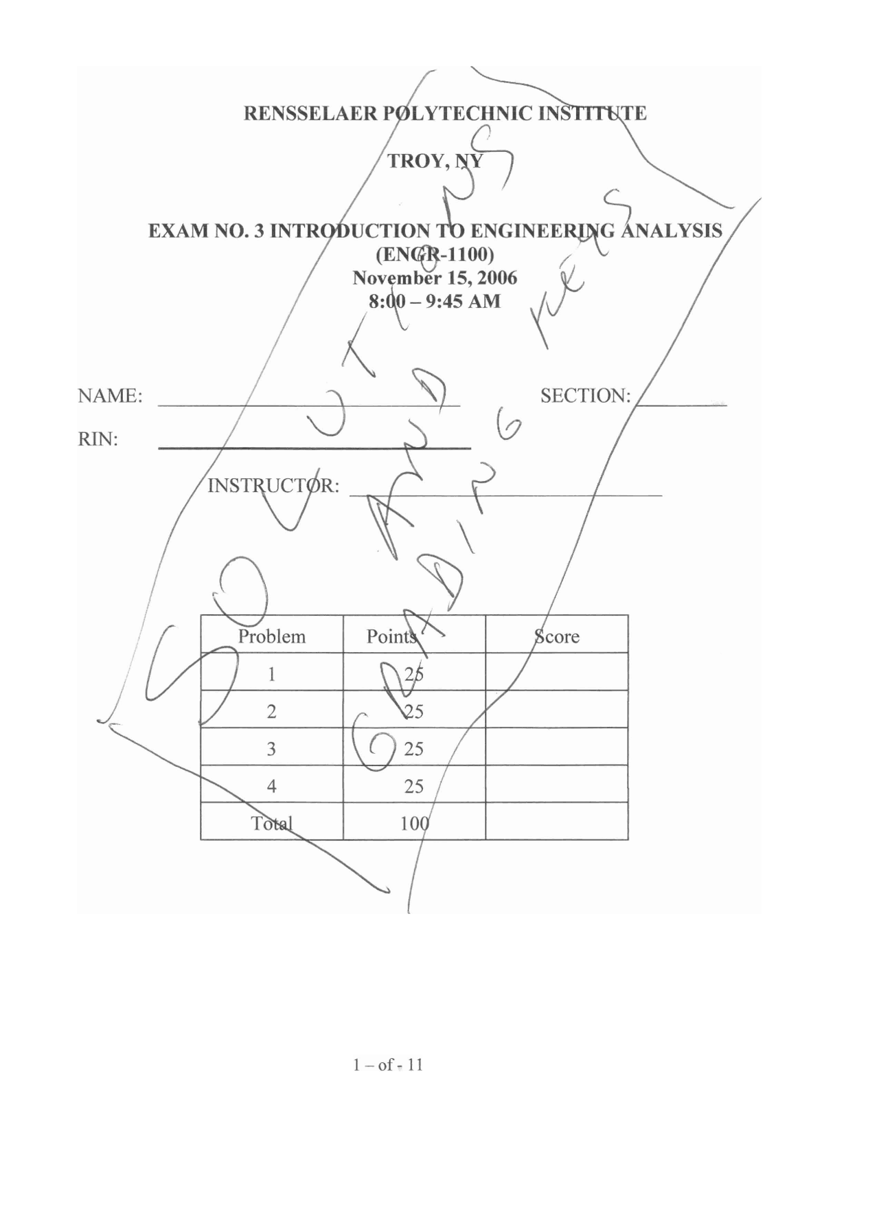 Solutions to Past Exam 3 - Introduction to Engineering Analysis | ENGR 1100 - Docsity