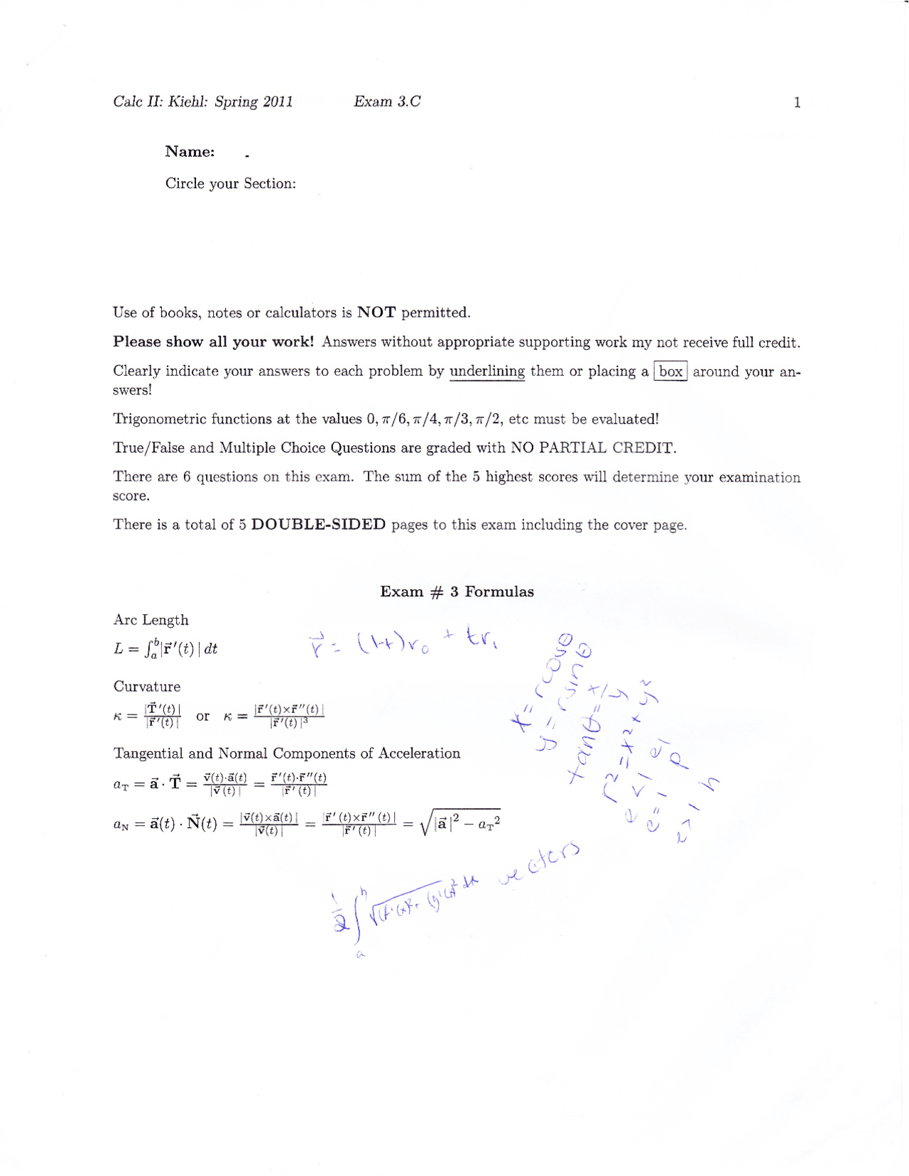 Calculus Ii Solutions For Exam 3 Form C Math 1020 Docsity