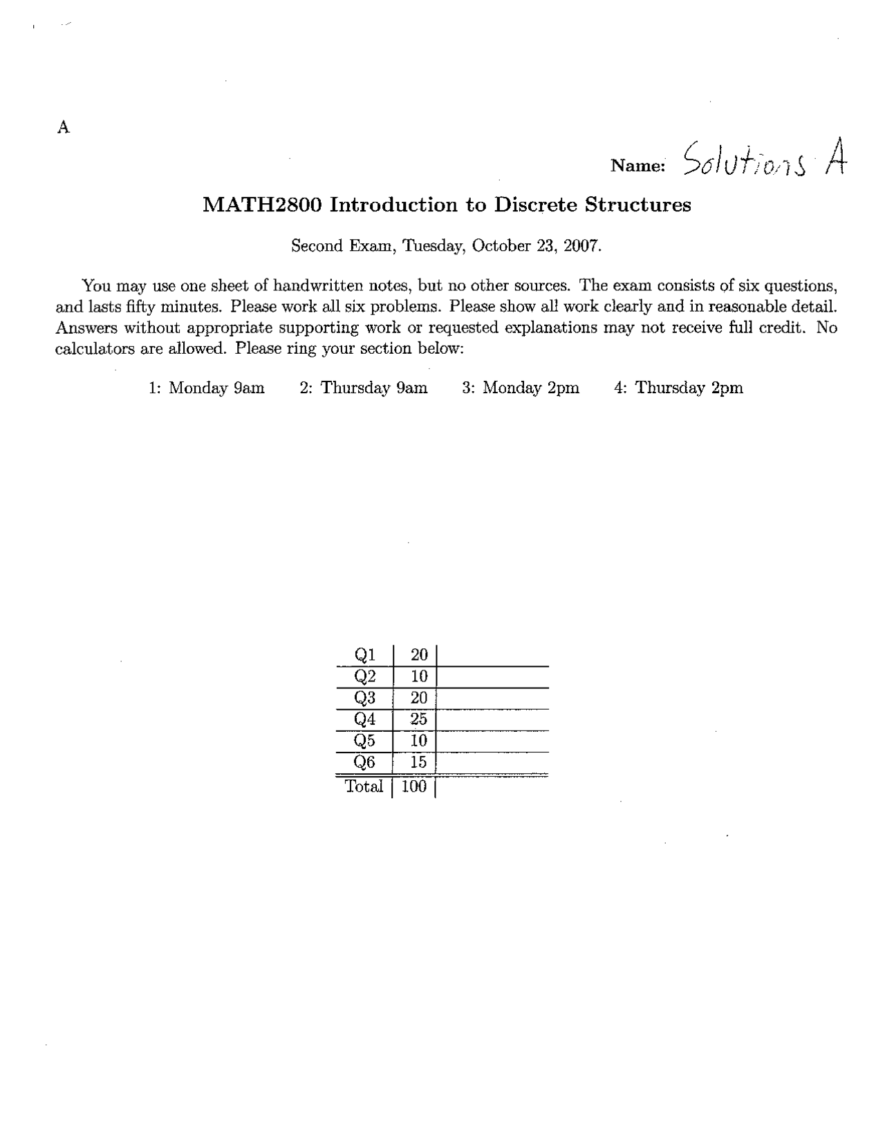 Exam 2 With Solutions Introduction To Discrete Structures Math