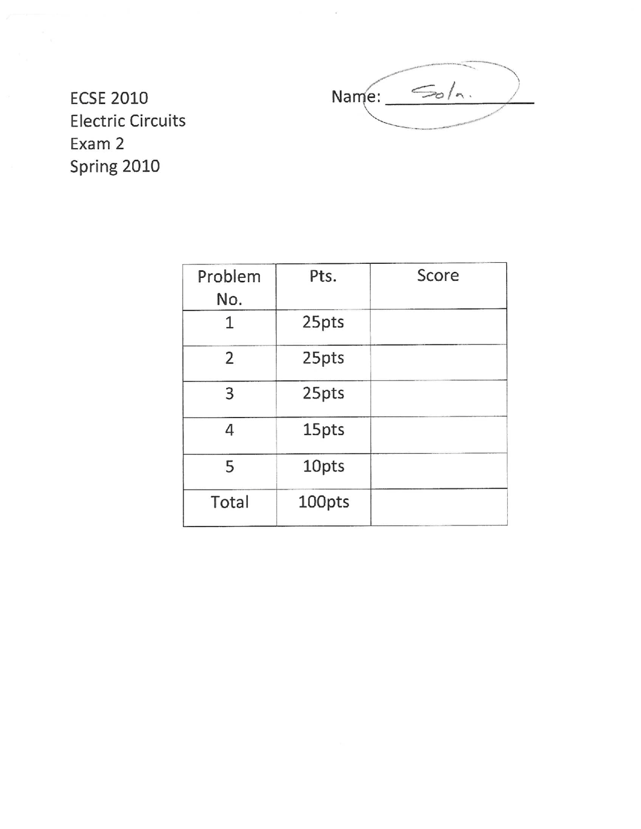 Exam 2 Solution Spring 2010 Electric Circuits Ecse 2010 Docsity