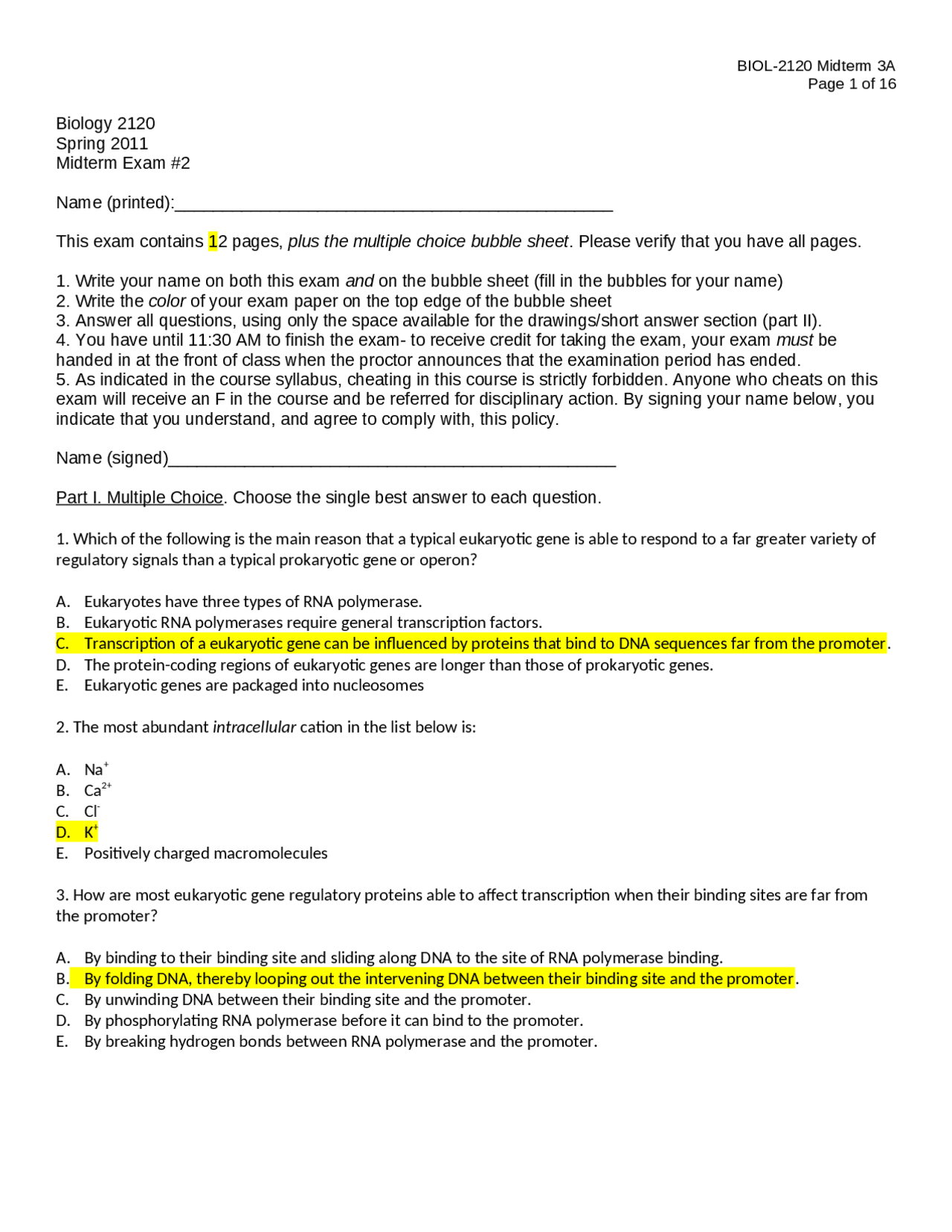 Midterm Exam 2 With Answer Key Cell Biology Biol 2120 Docsity