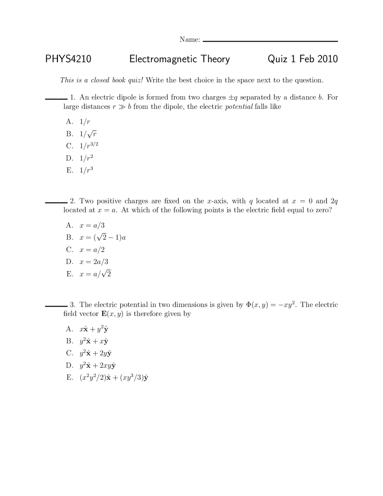 Quiz Questions from PHYS4210 Electromagnetic Theory | Quizzes Physics ...