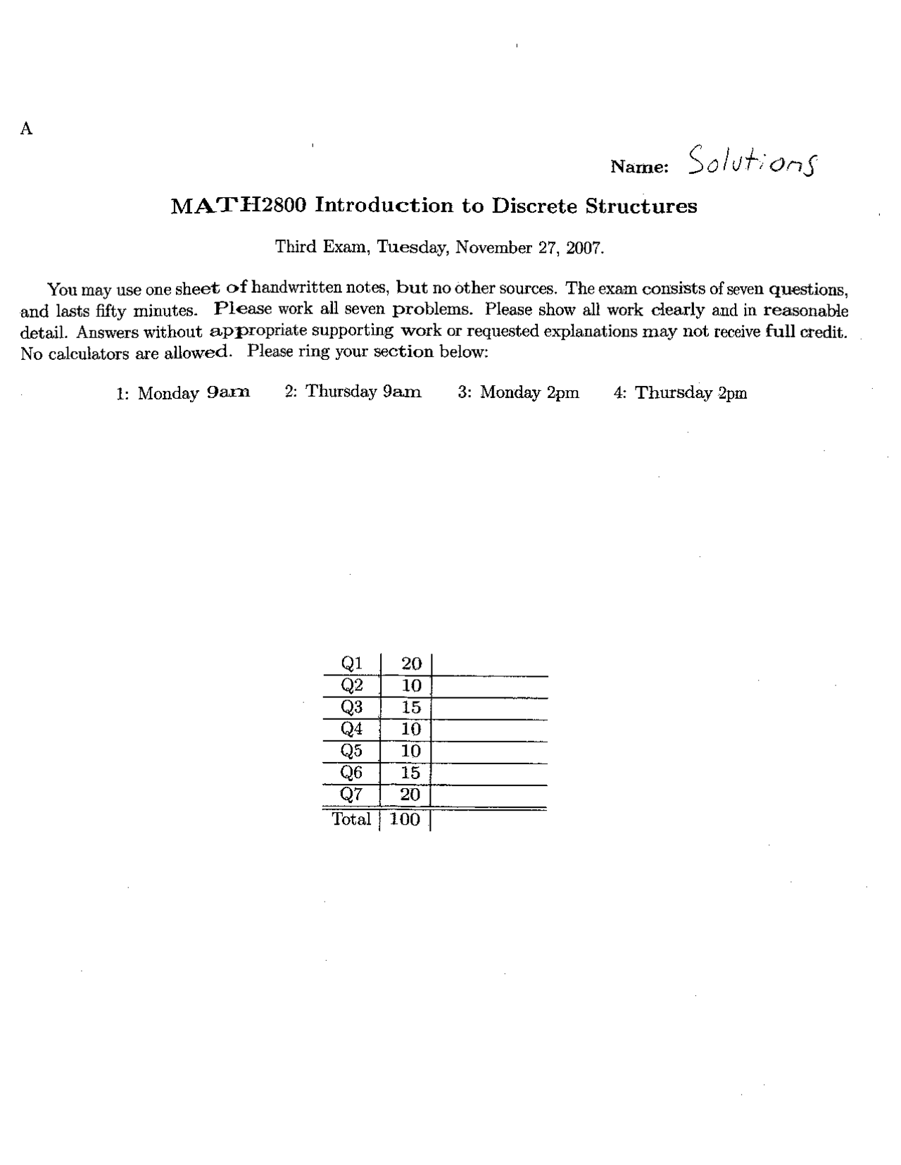 Exam 3 With Solutions Introduction To Discrete Structures Math