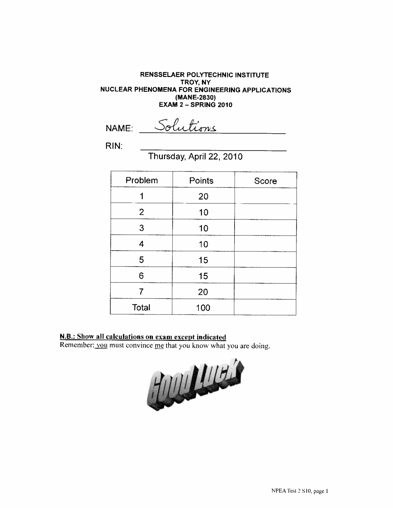 Solutions For Exam 2 Nuclear Phenomena For Engineering Applications