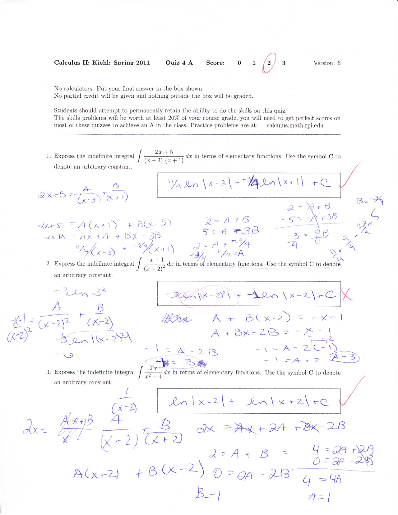 Solved Problems On Integrations In Calculus Ii Quiz Math 1020 Docsity
