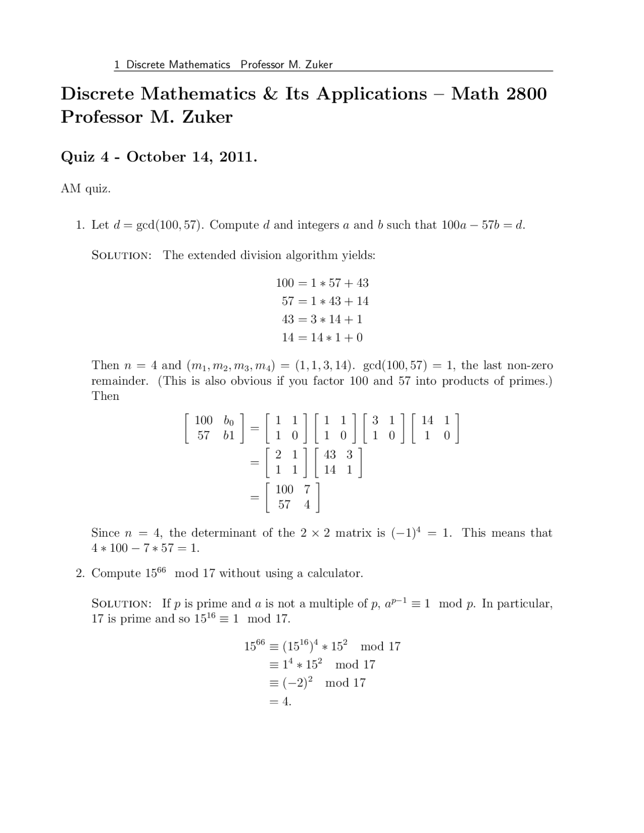 Quiz #4 with Solutions - Introduction to Discrete Structures | MATH ...