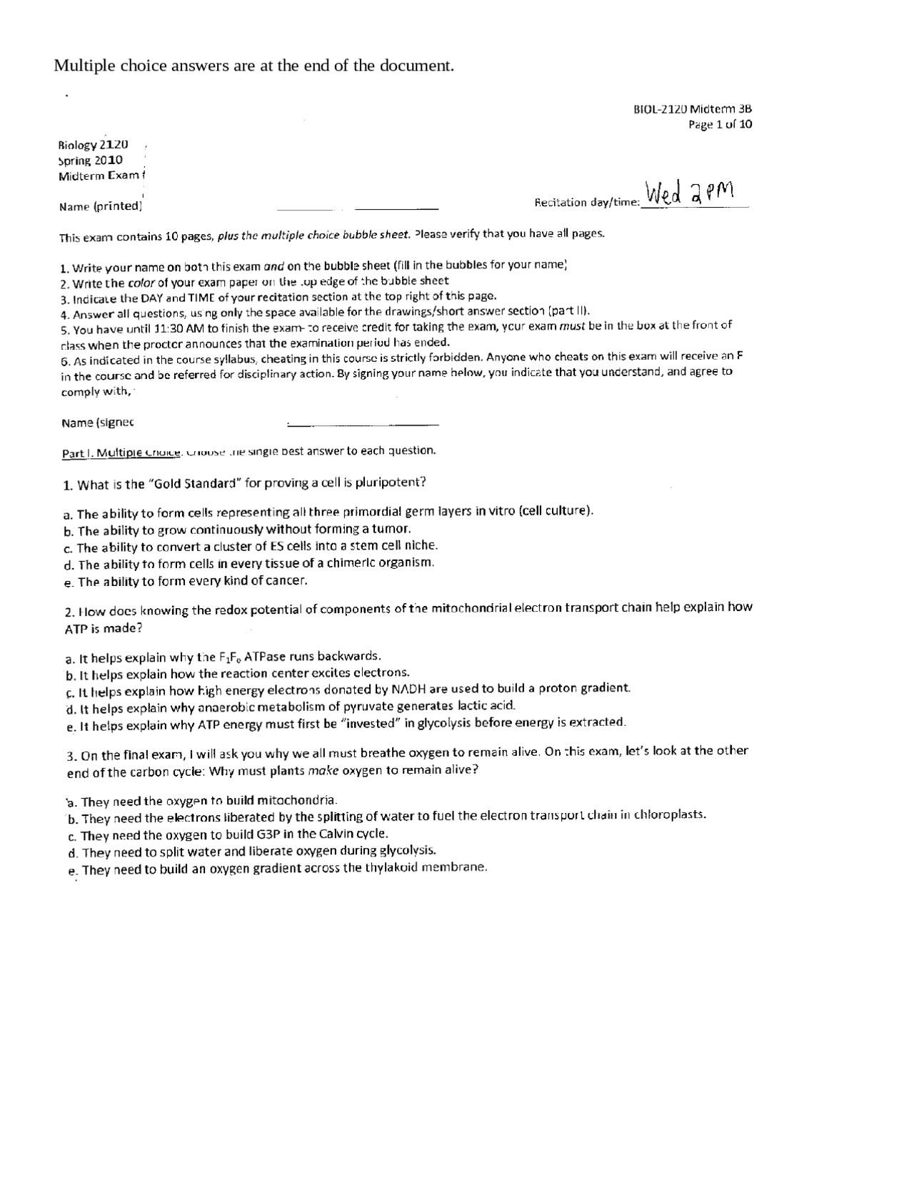 Midterm Exam With Answer Key Introduction To Cell Biology Biol 2120