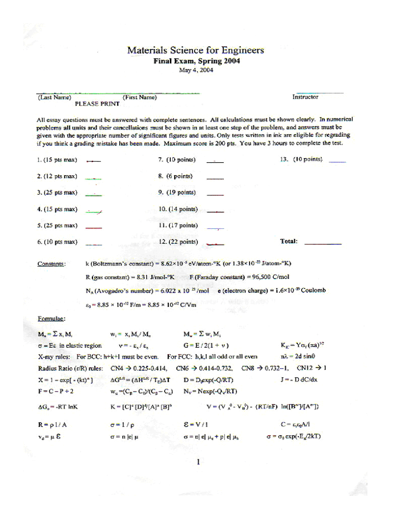 Final Exam Materials Science For Engineer Fall 2004 Engr 1600