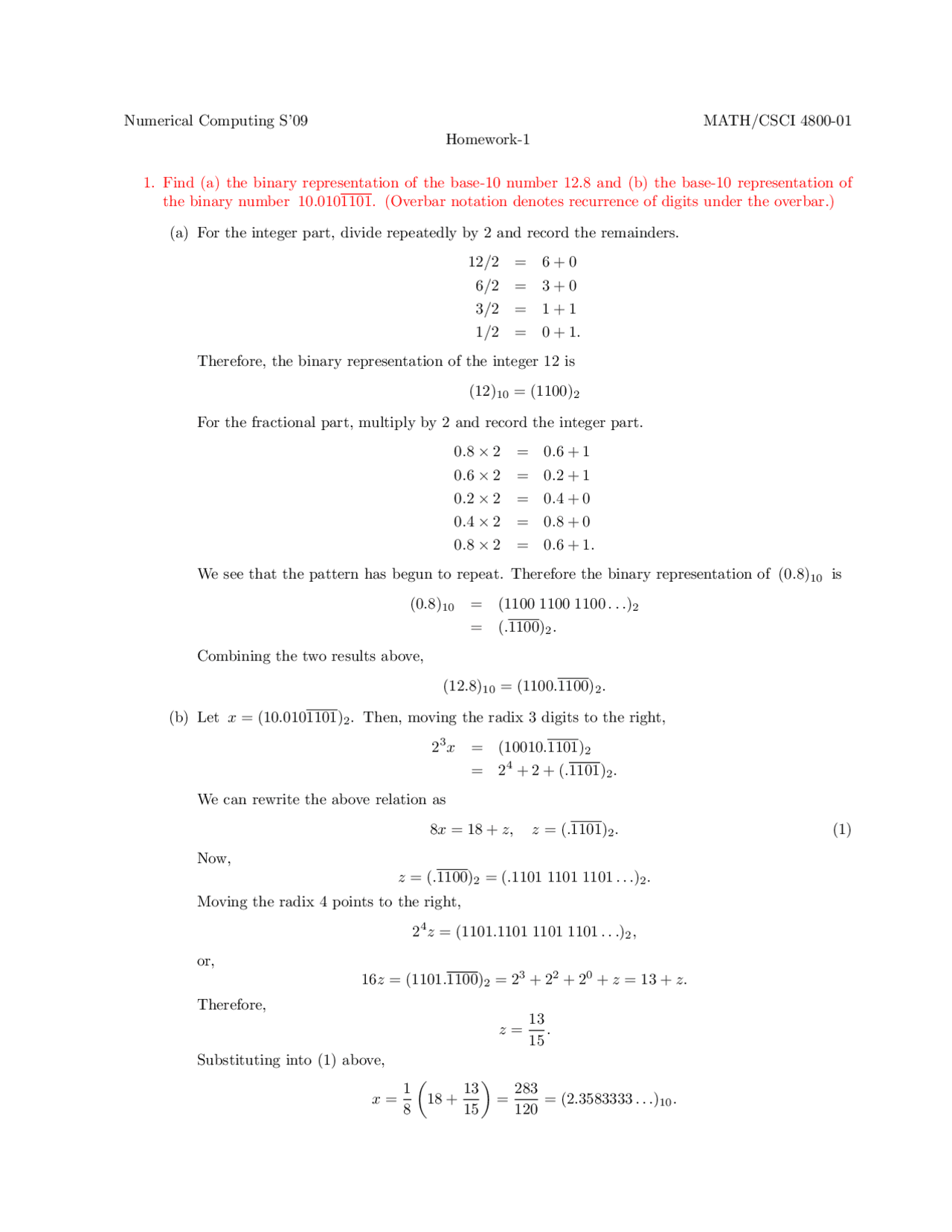 Assignment 1 Solutions Numerical Computing Math 4800 Docsity