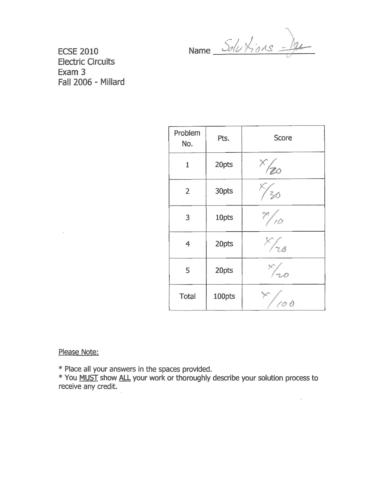 Solution Of Exam 3 Fall 2006 Electric Circuits Ecse 2010 Docsity