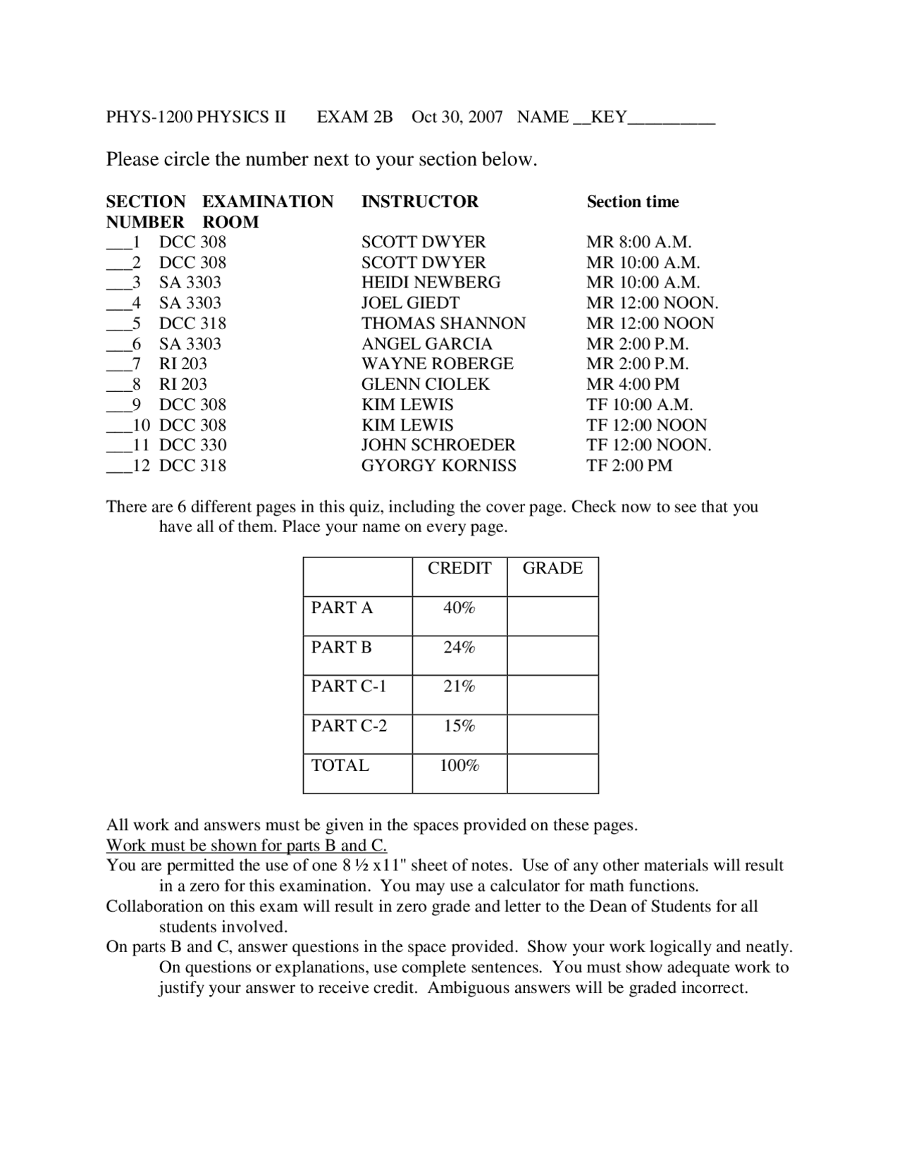 Exam 2 With Answer Key Physics Ii Phys 1200 Docsity
