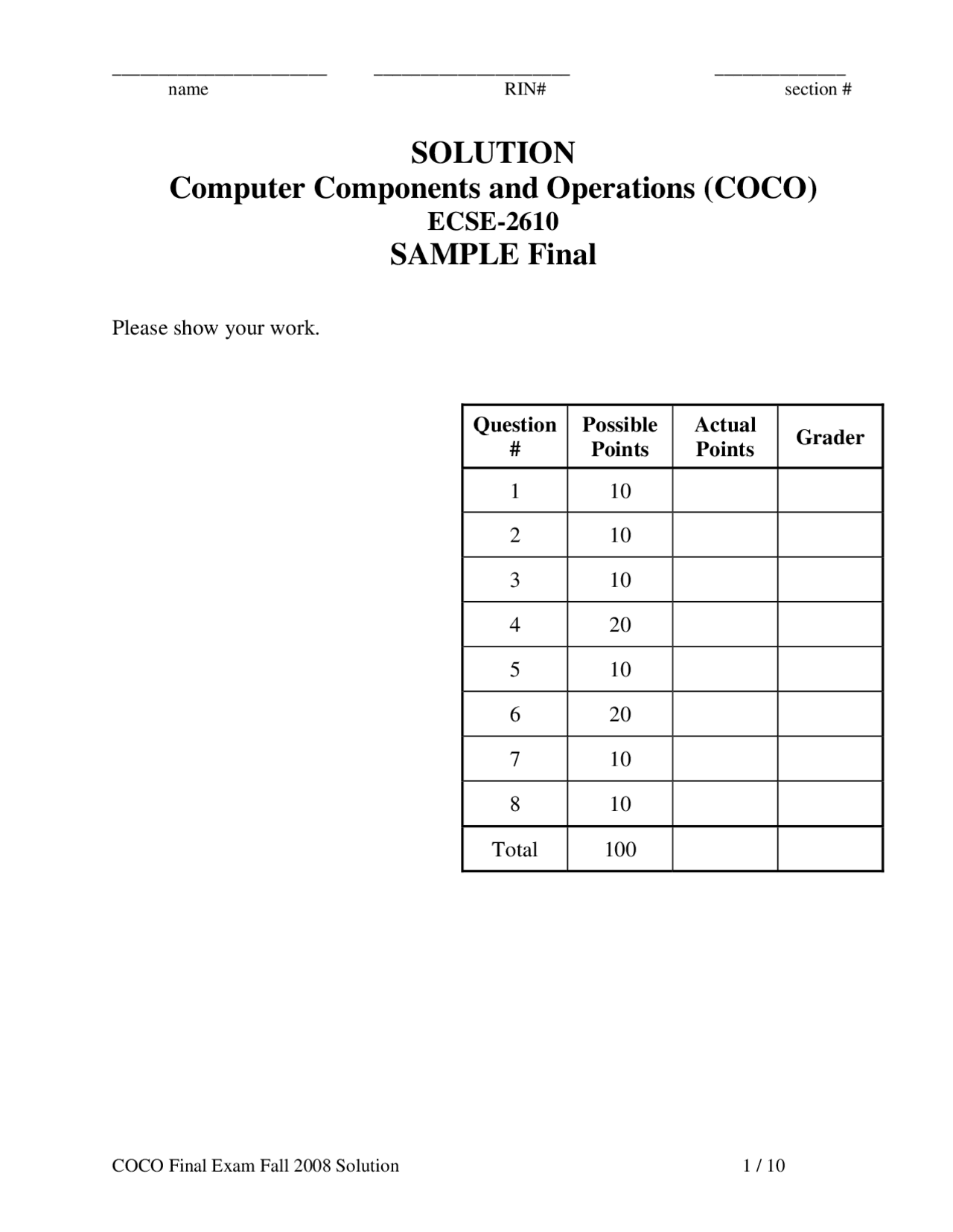 Sample Final Exam Solution Computer Components And Operations Ecse