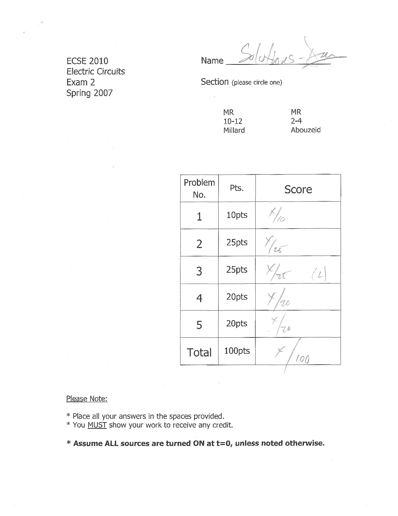 Solution Of Exam 2 Electric Circuits Spring 2007 Ecse 2010 Docsity