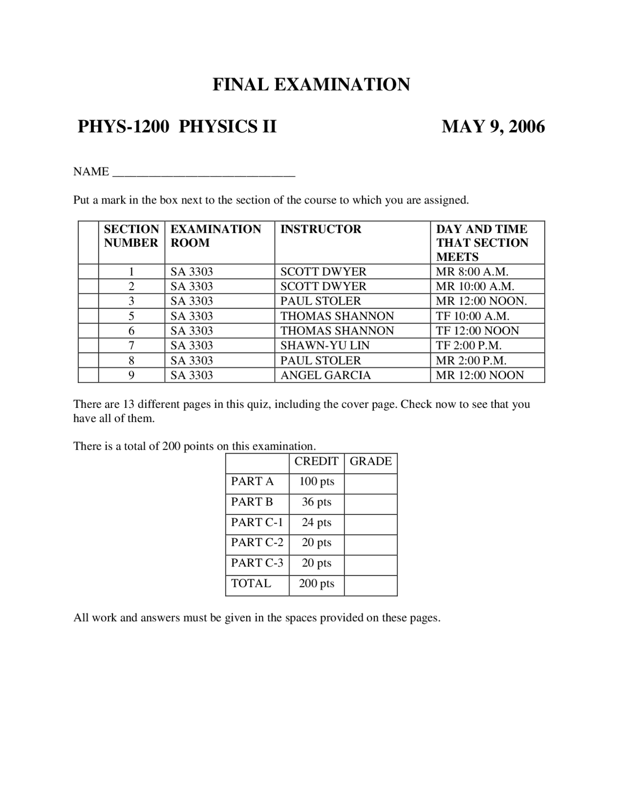 Physics Ii Past Paper Questions 2006 Phys 1200 Docsity